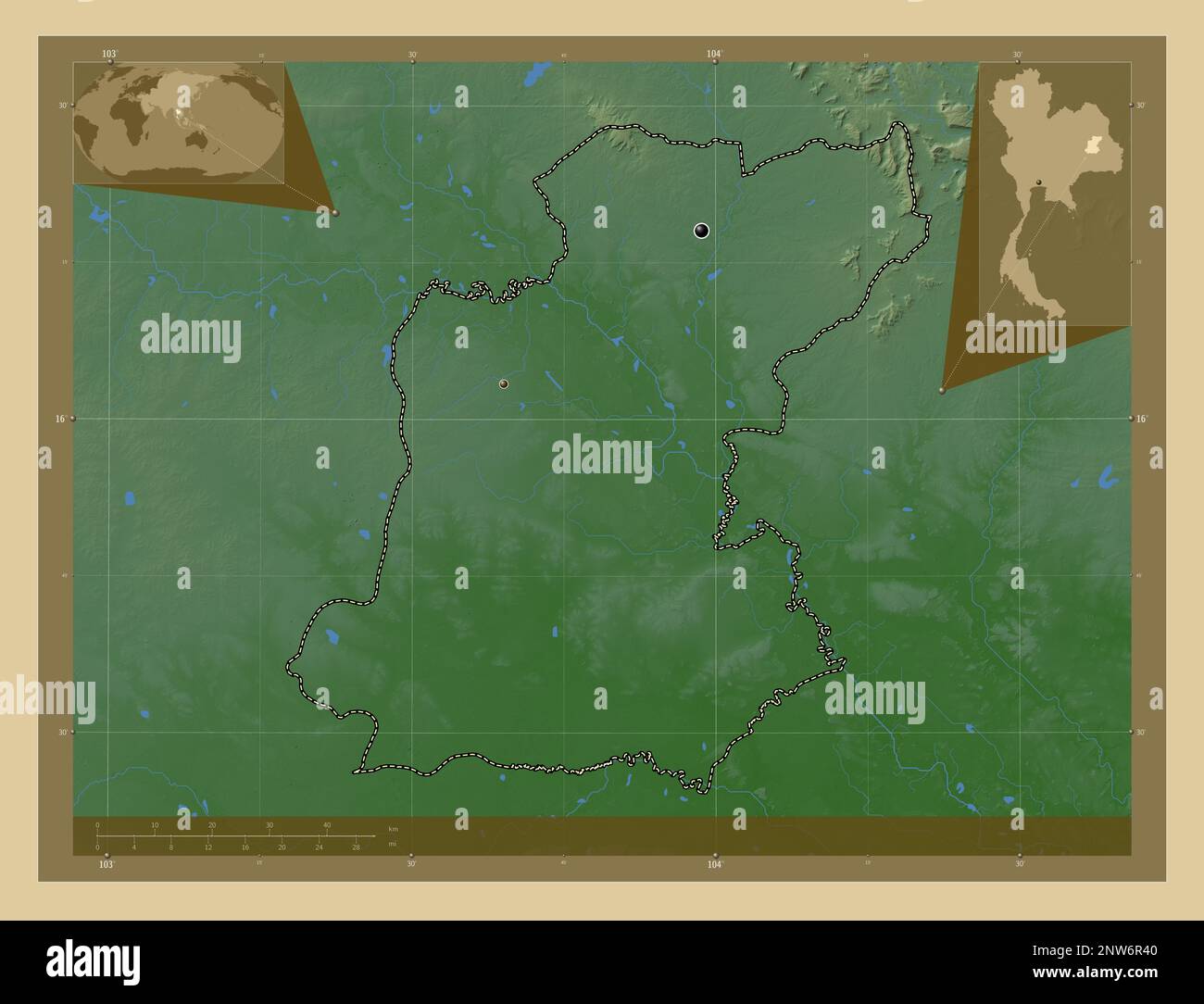 Roi Et, province of Thailand. Colored elevation map with lakes and ...