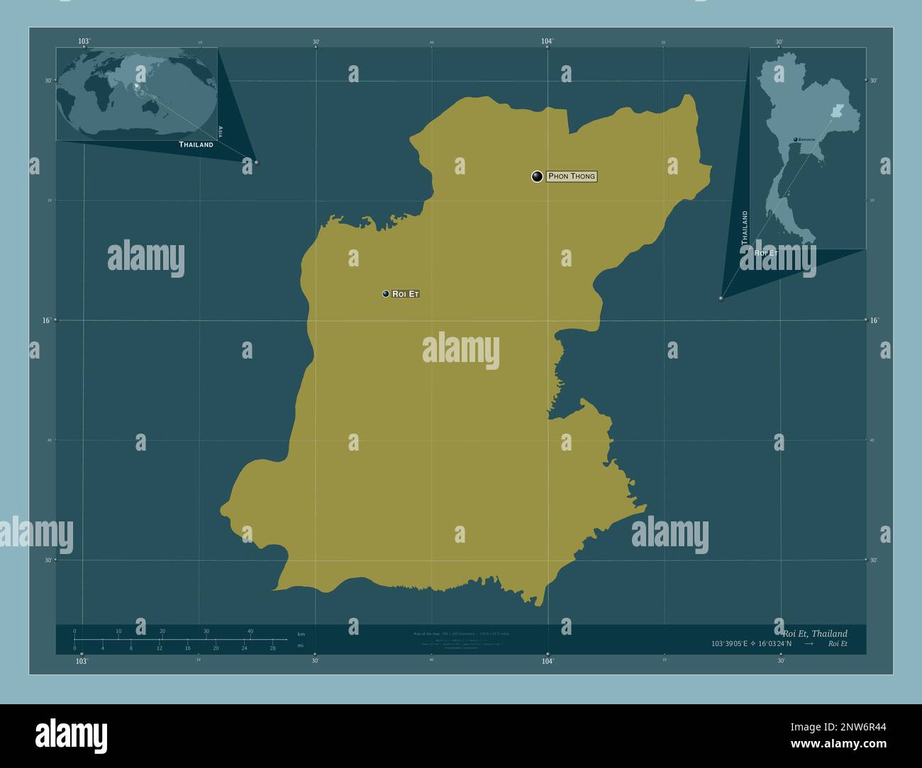 Roi Et, province of Thailand. Solid color shape. Locations and names of ...