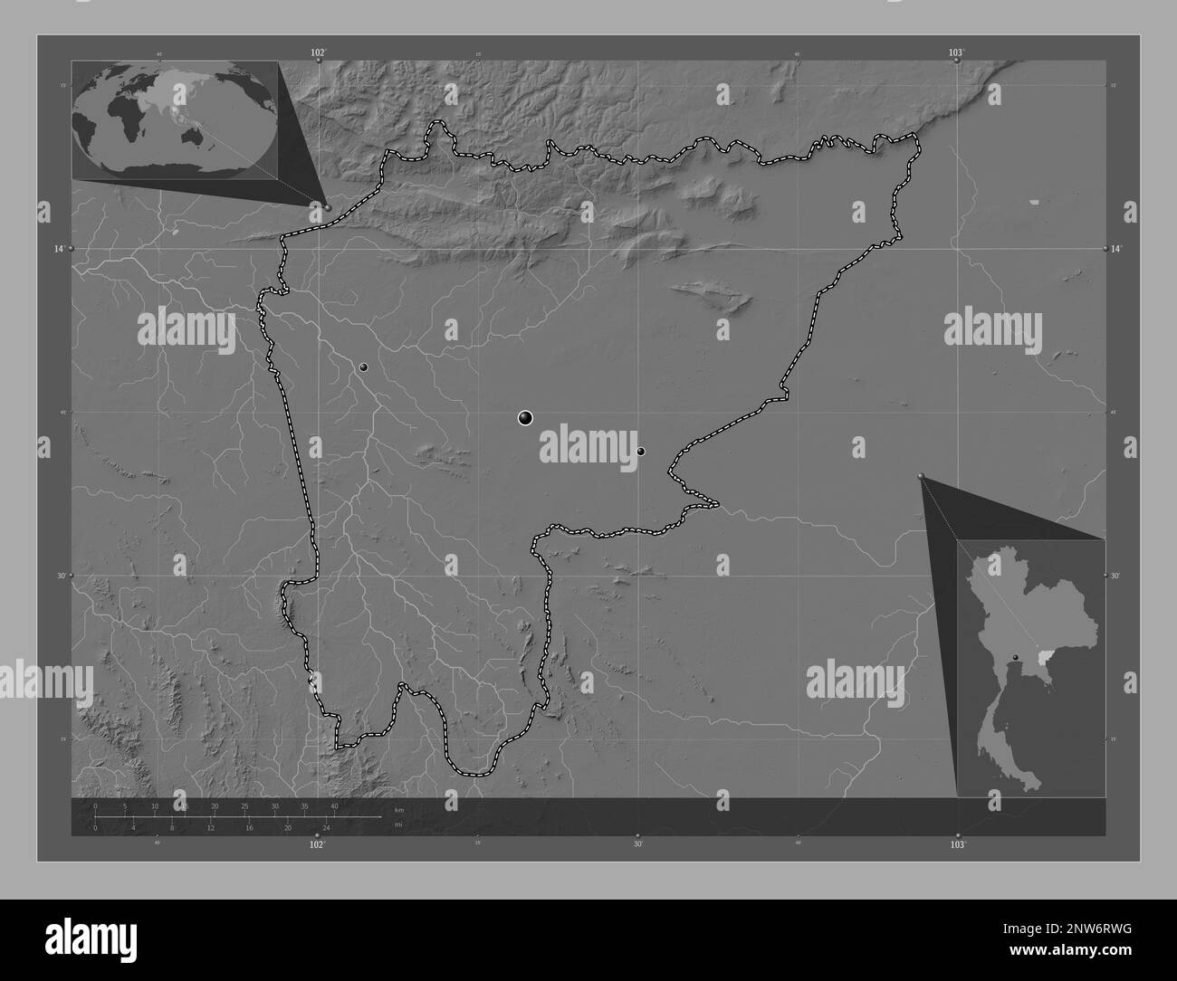 Sa Kaeo, province of Thailand. Bilevel elevation map with lakes and ...