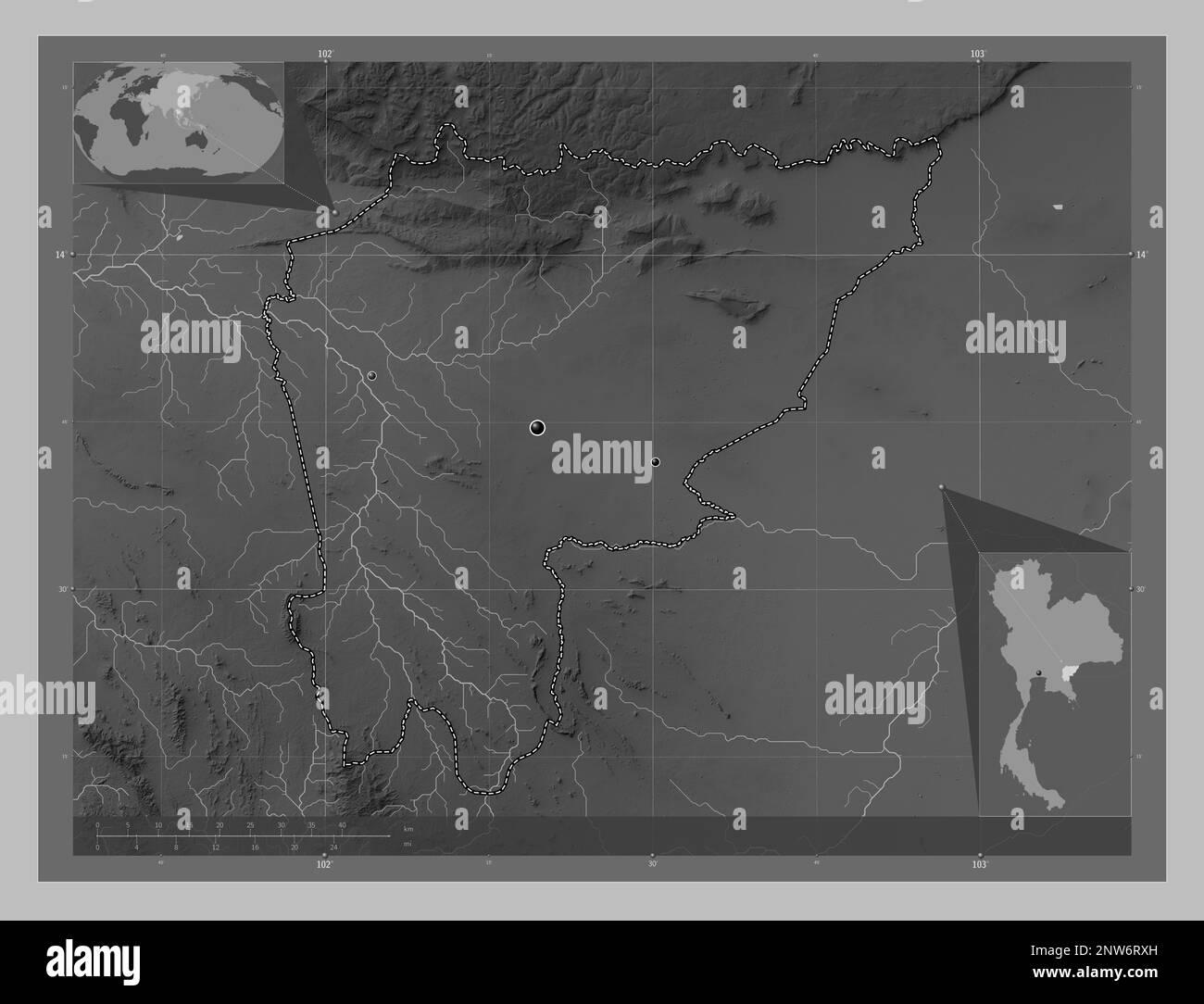 Sa Kaeo, province of Thailand. Grayscale elevation map with lakes and ...