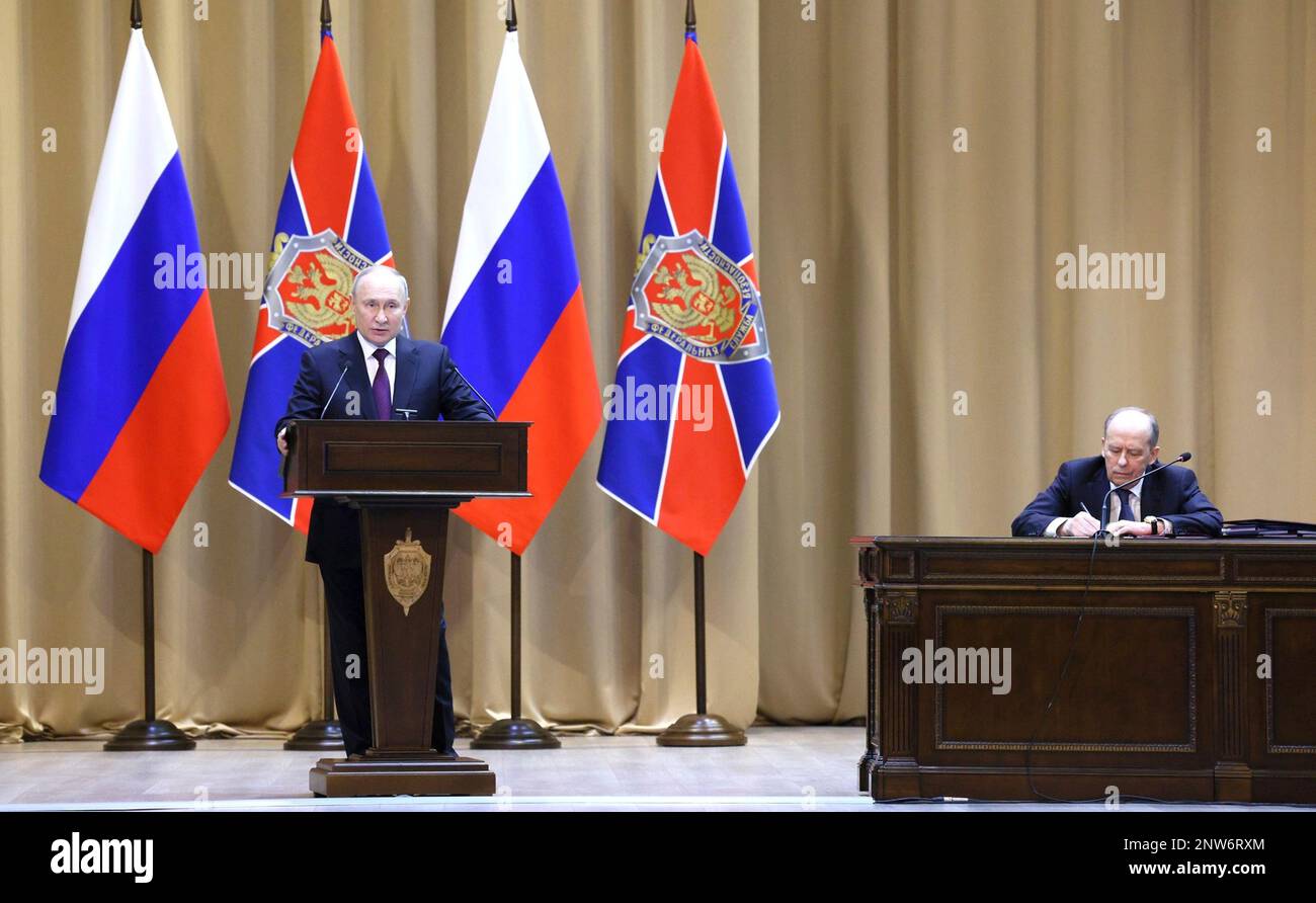 Moscow, Russia. 28th Feb, 2023. Russian President Vladimir Putin, left ...