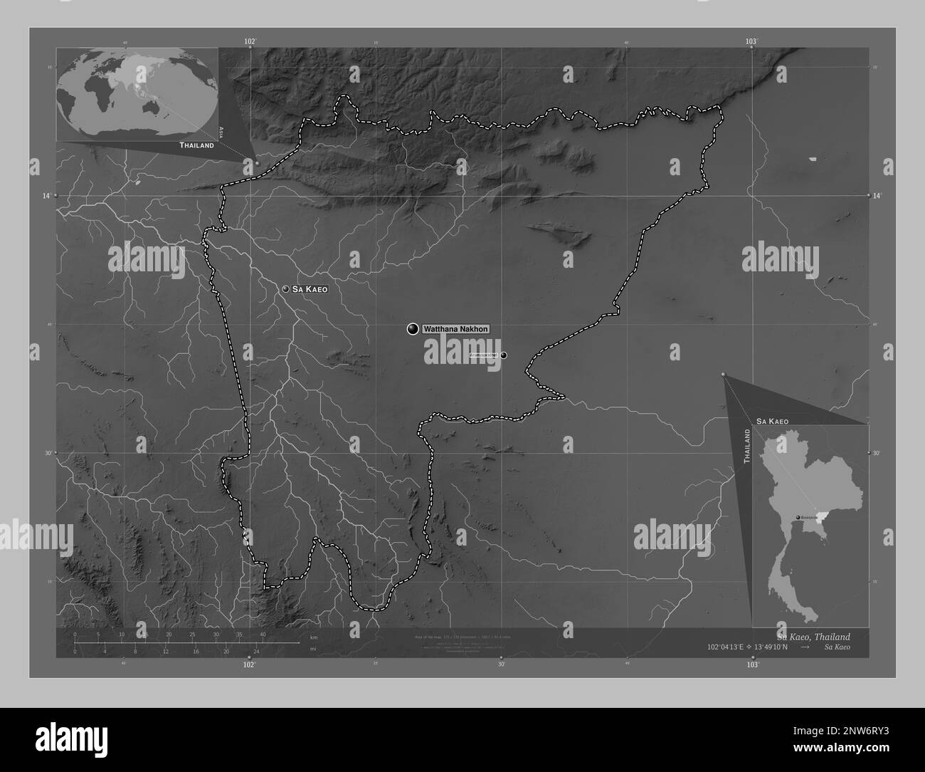Sa Kaeo, province of Thailand. Grayscale elevation map with lakes and ...