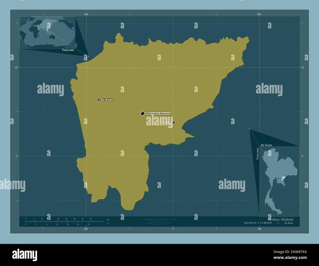 Sa Kaeo, province of Thailand. Solid color shape. Locations and names ...