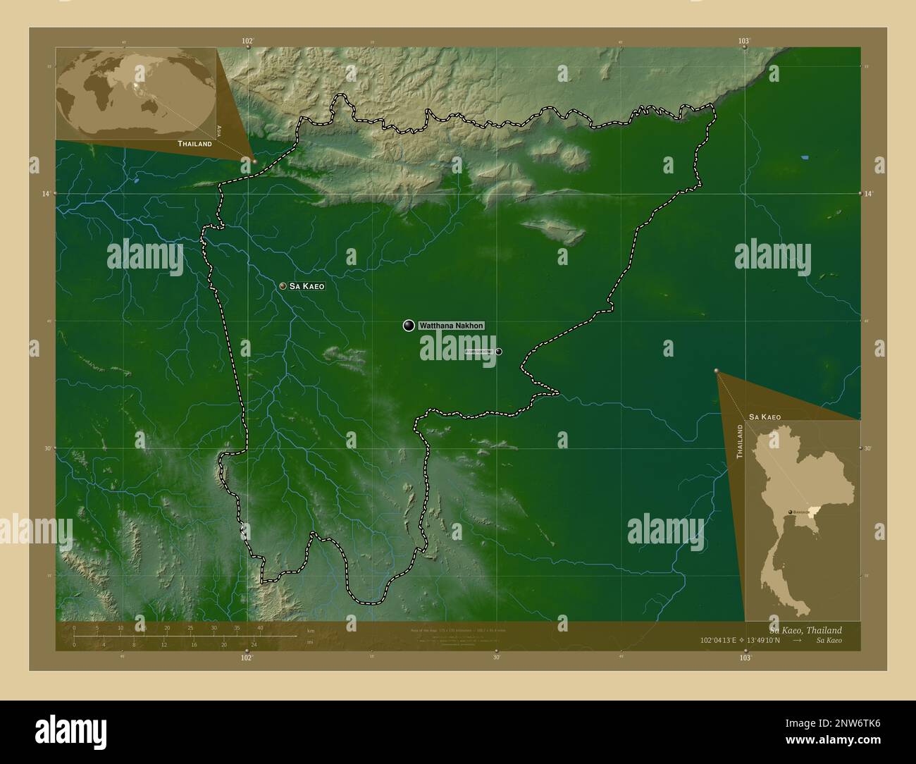 Sa Kaeo, province of Thailand. Colored elevation map with lakes and ...