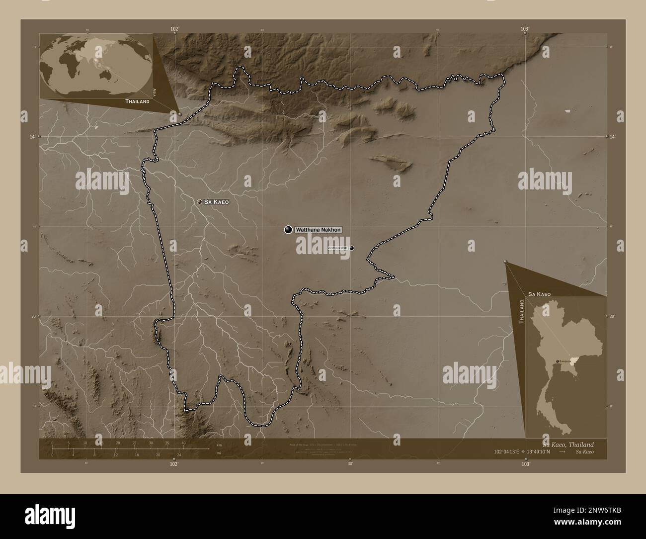 Sa Kaeo, province of Thailand. Elevation map colored in sepia tones ...