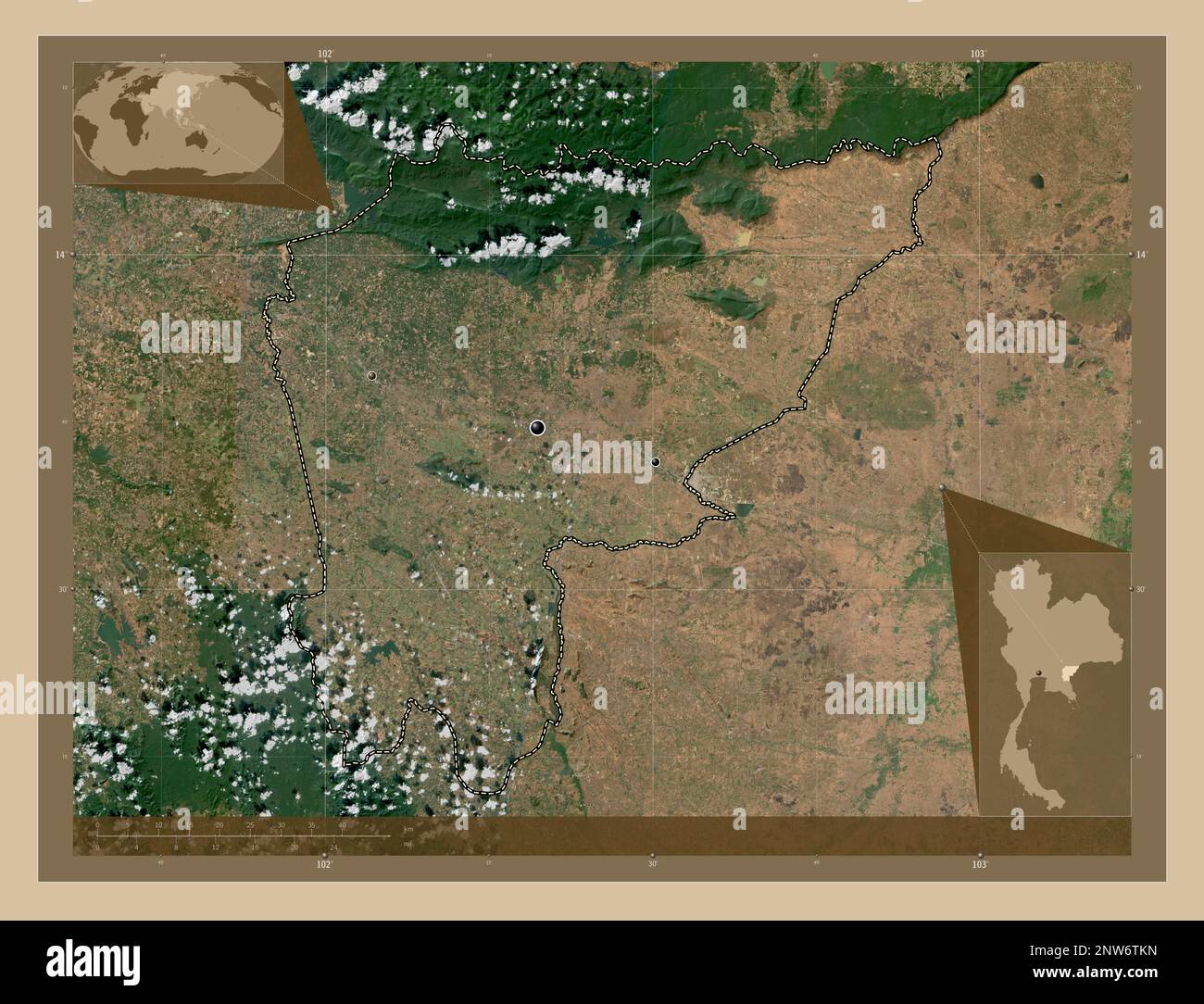 Sa Kaeo, province of Thailand. Low resolution satellite map. Locations ...
