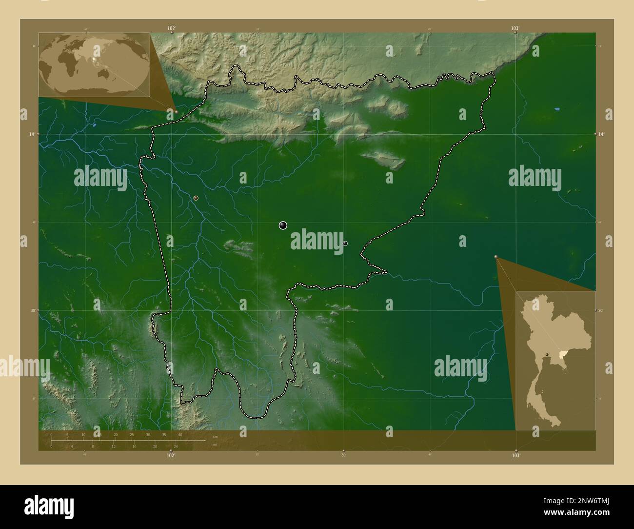 Sa Kaeo, province of Thailand. Colored elevation map with lakes and ...