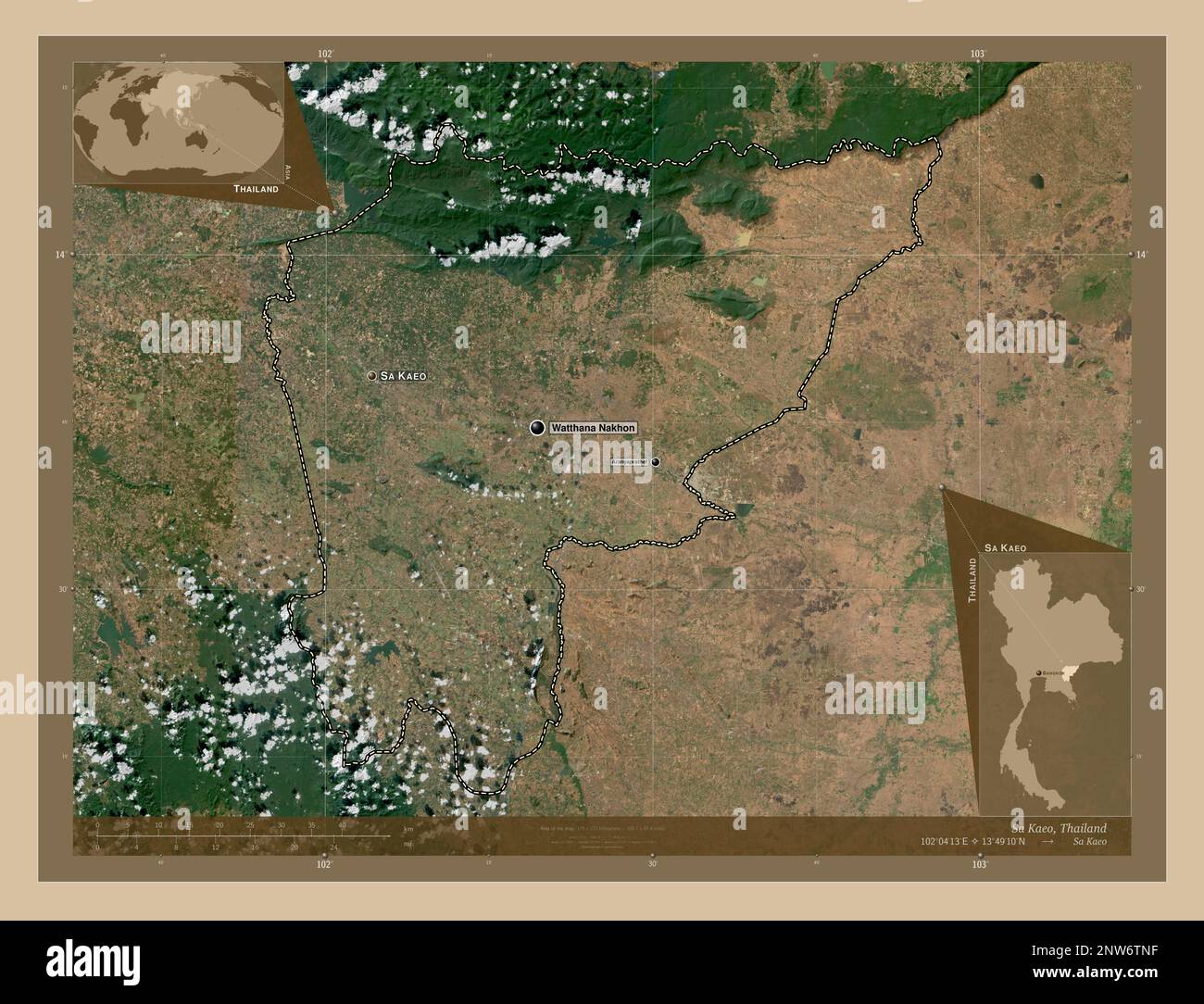 Sa Kaeo, province of Thailand. Low resolution satellite map. Locations ...