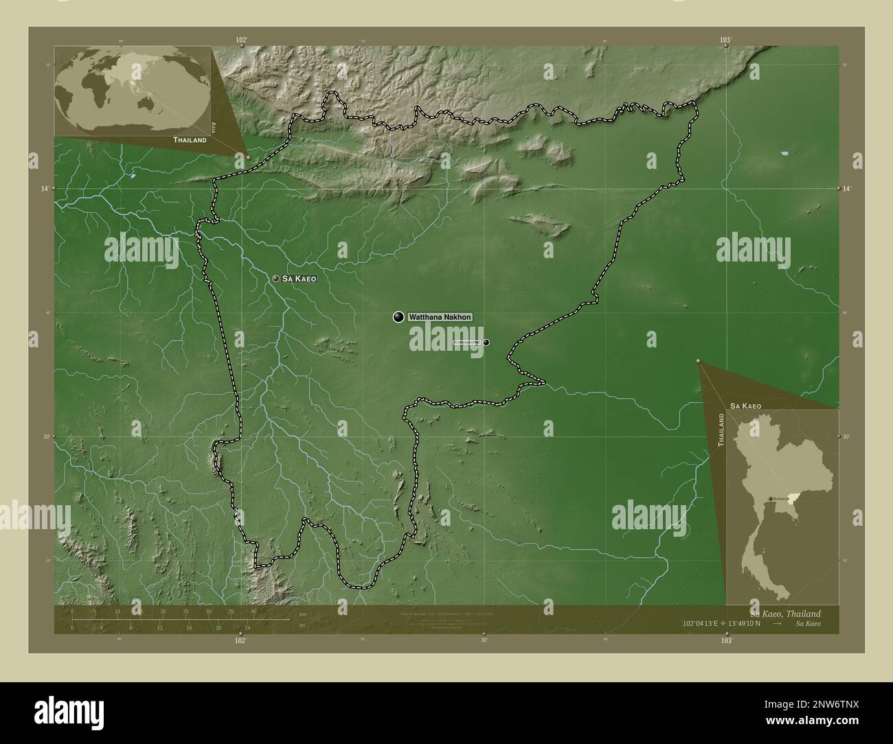 Sa Kaeo, province of Thailand. Elevation map colored in wiki style with ...
