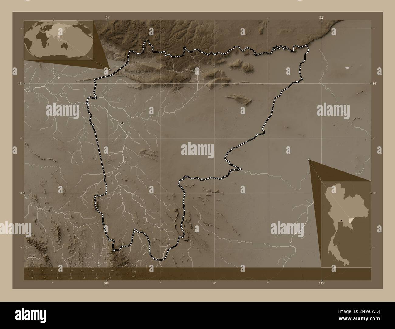 Sa Kaeo, province of Thailand. Elevation map colored in sepia tones ...