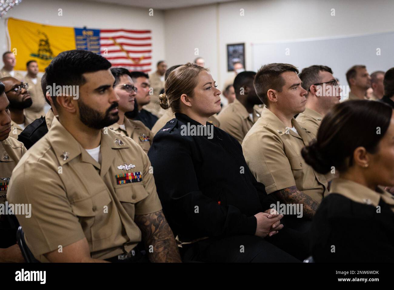 Students from the Navy Recruiting Orientation Unit (NORU) listen ...