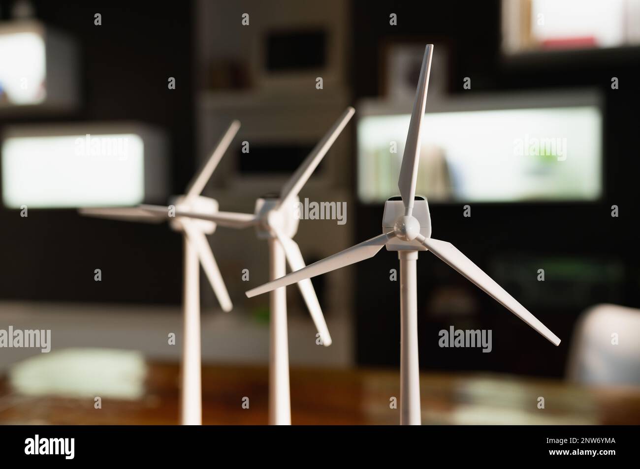Closeup wind turbine samples on a desk. Studying and projecting Eco ...