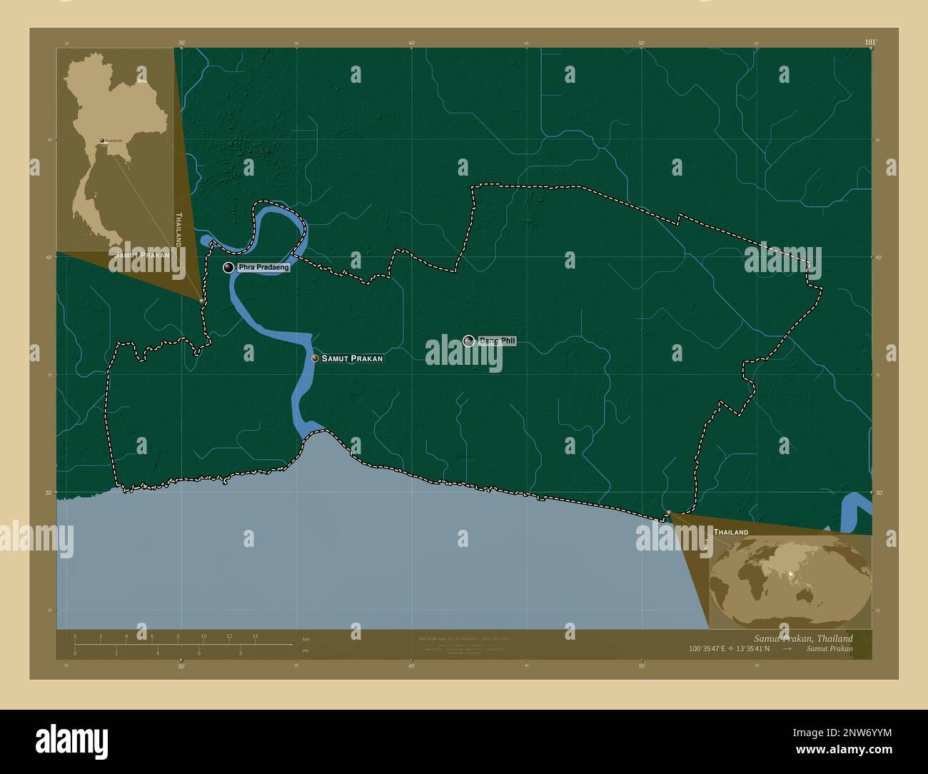 Samut Prakan, province of Thailand. Colored elevation map with lakes ...
