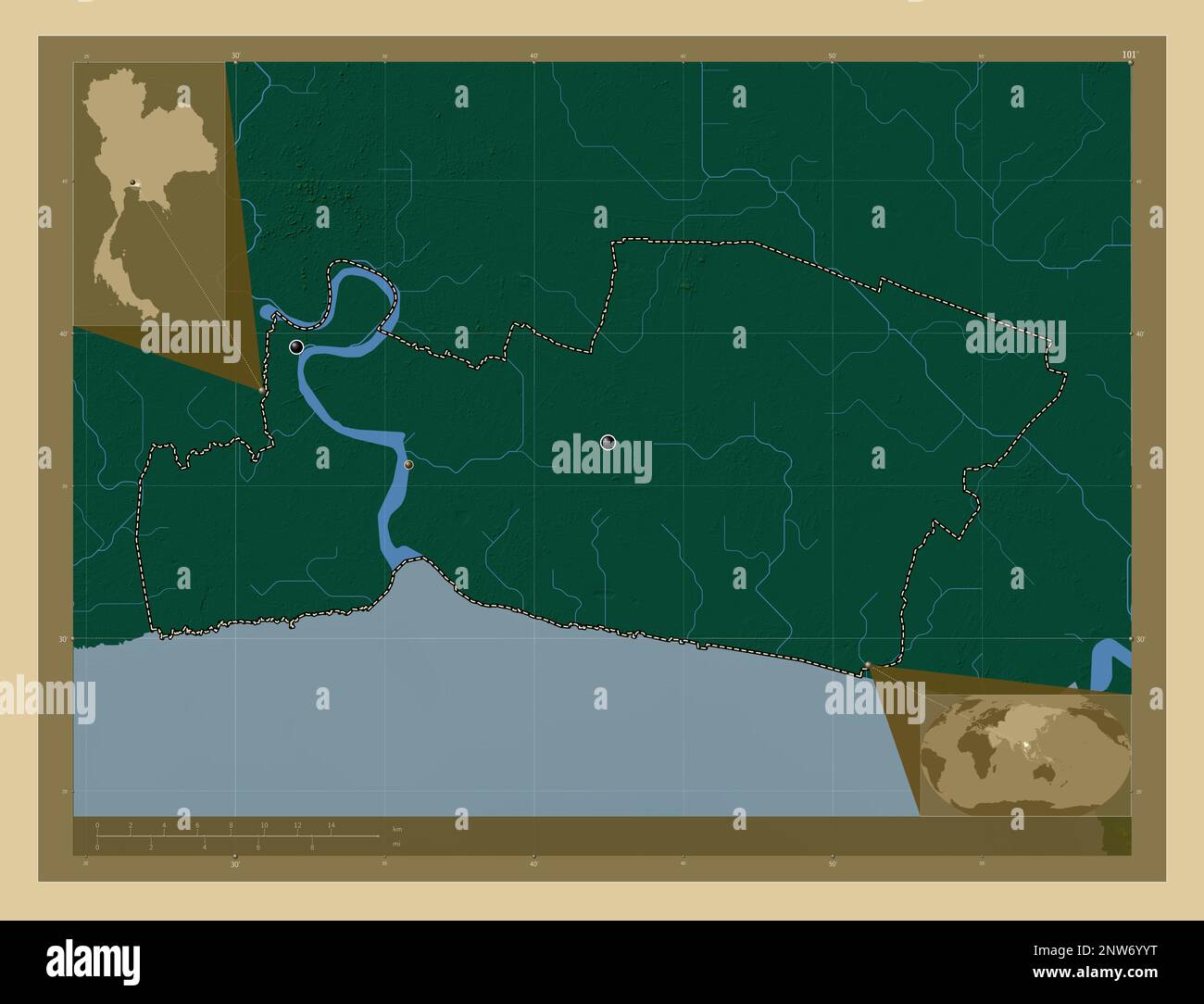 Samut Prakan, province of Thailand. Colored elevation map with lakes ...
