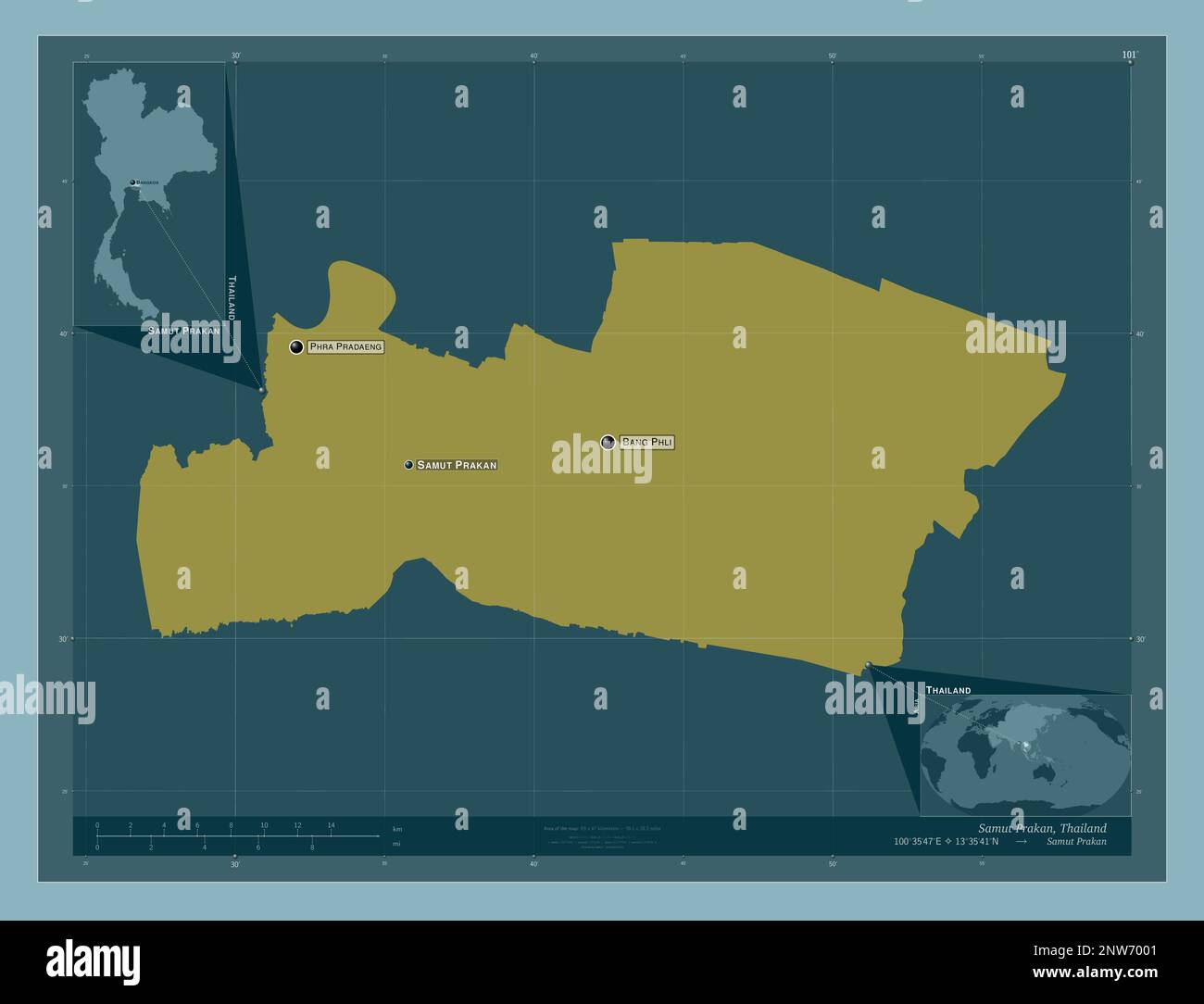Samut Prakan, province of Thailand. Solid color shape. Locations and ...