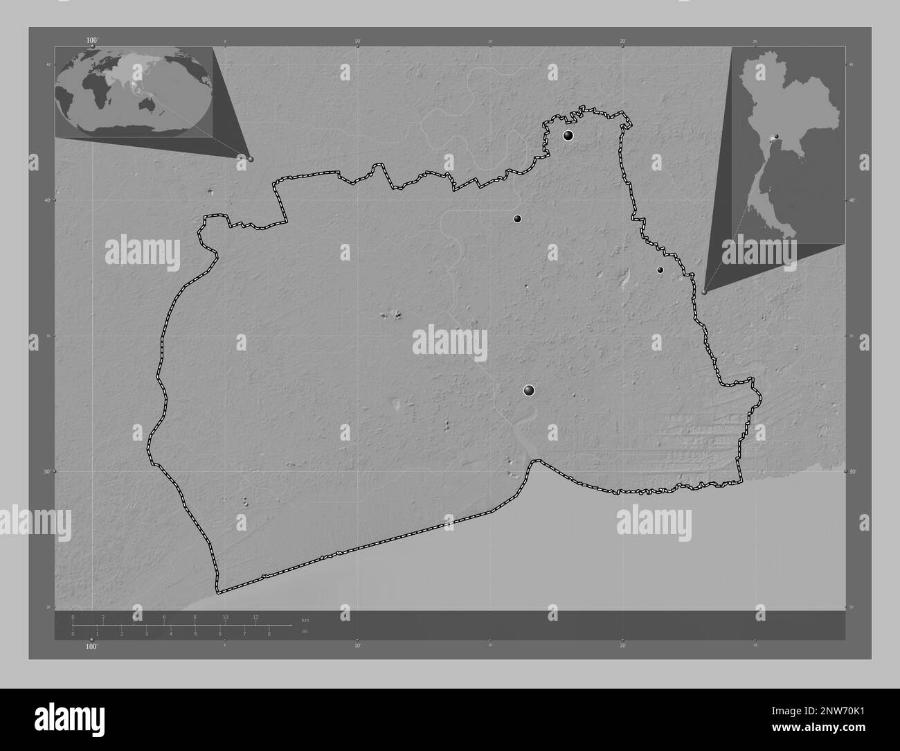 Samut Sakhon, province of Thailand. Grayscale elevation map with lakes ...