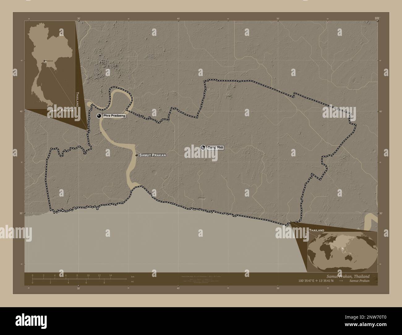 Samut Prakan, province of Thailand. Elevation map colored in sepia ...