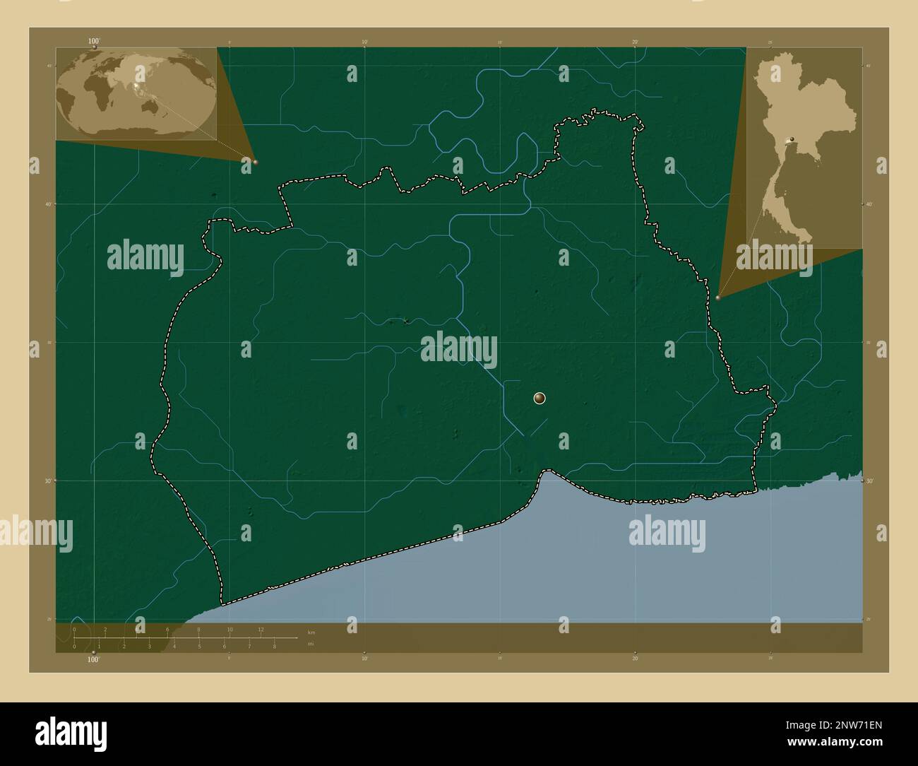 Samut Sakhon, province of Thailand. Colored elevation map with lakes ...