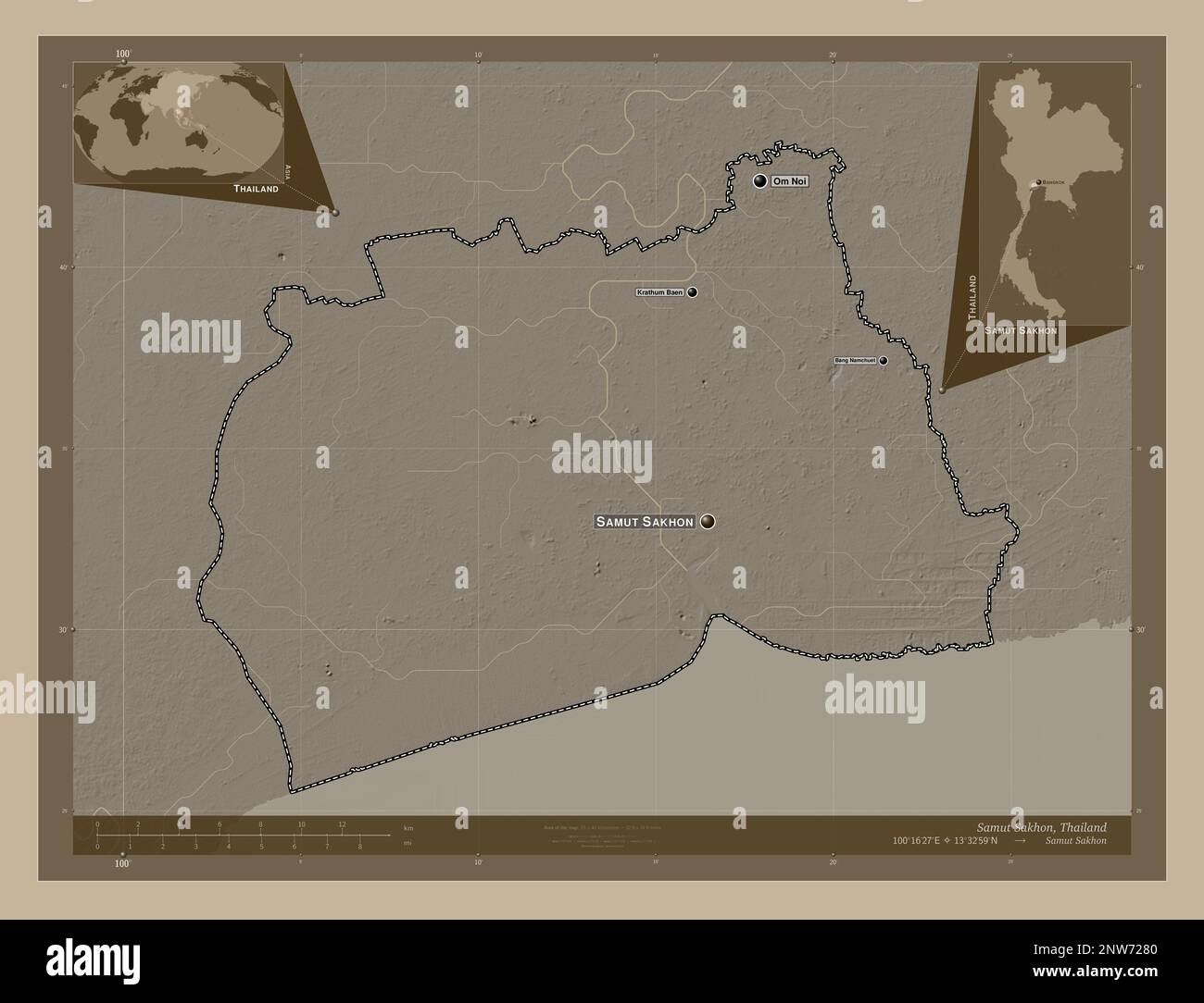 Samut Sakhon, province of Thailand. Elevation map colored in sepia ...