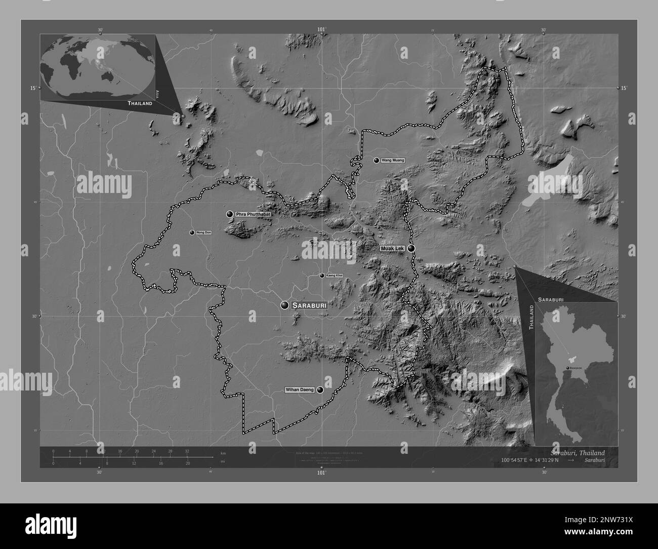 Saraburi, province of Thailand. Bilevel elevation map with lakes and ...