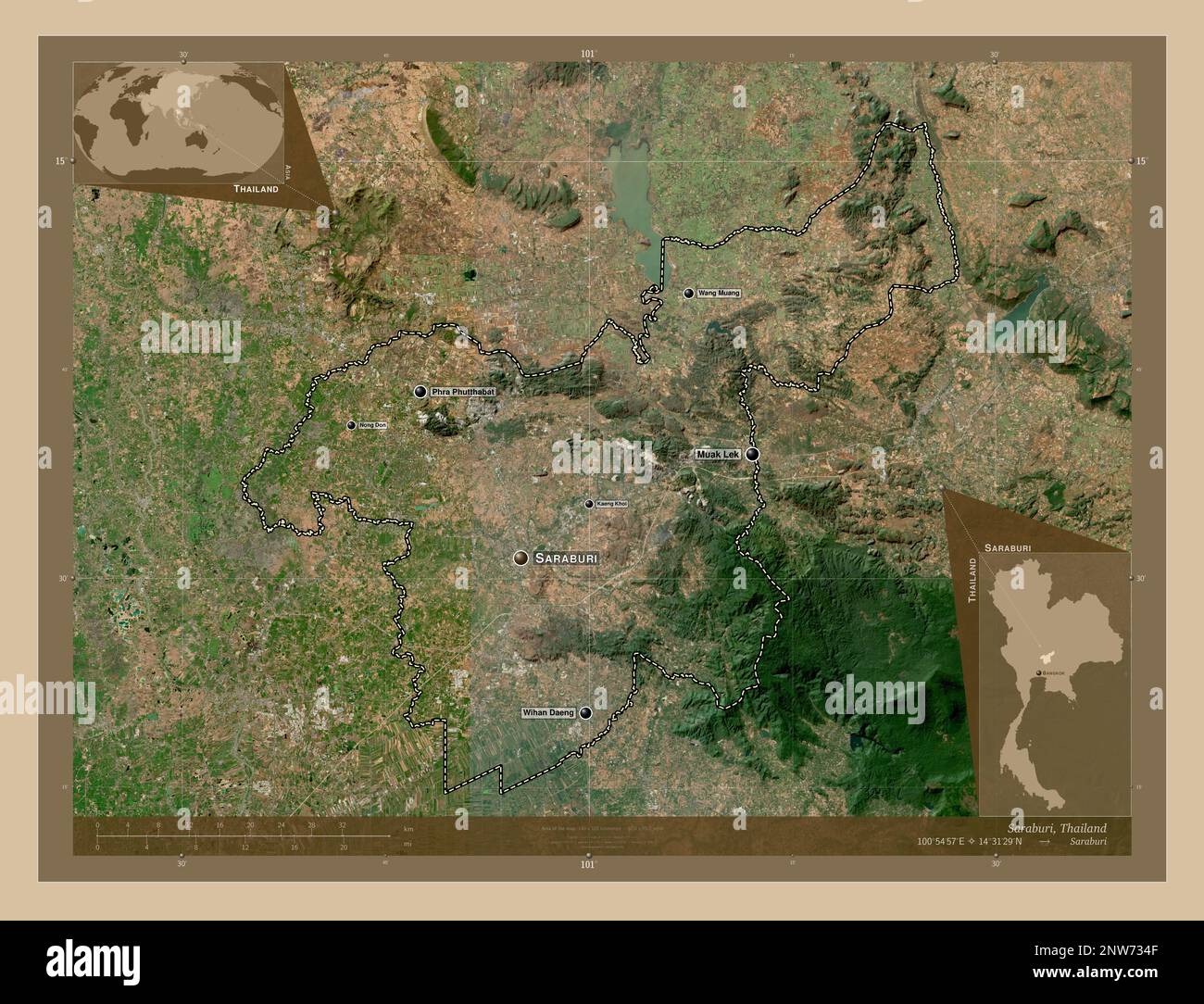 Saraburi, province of Thailand. Low resolution satellite map. Locations ...