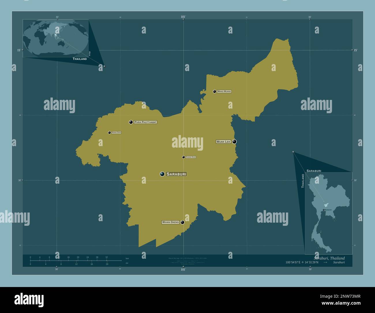 Saraburi, province of Thailand. Solid color shape. Locations and names ...