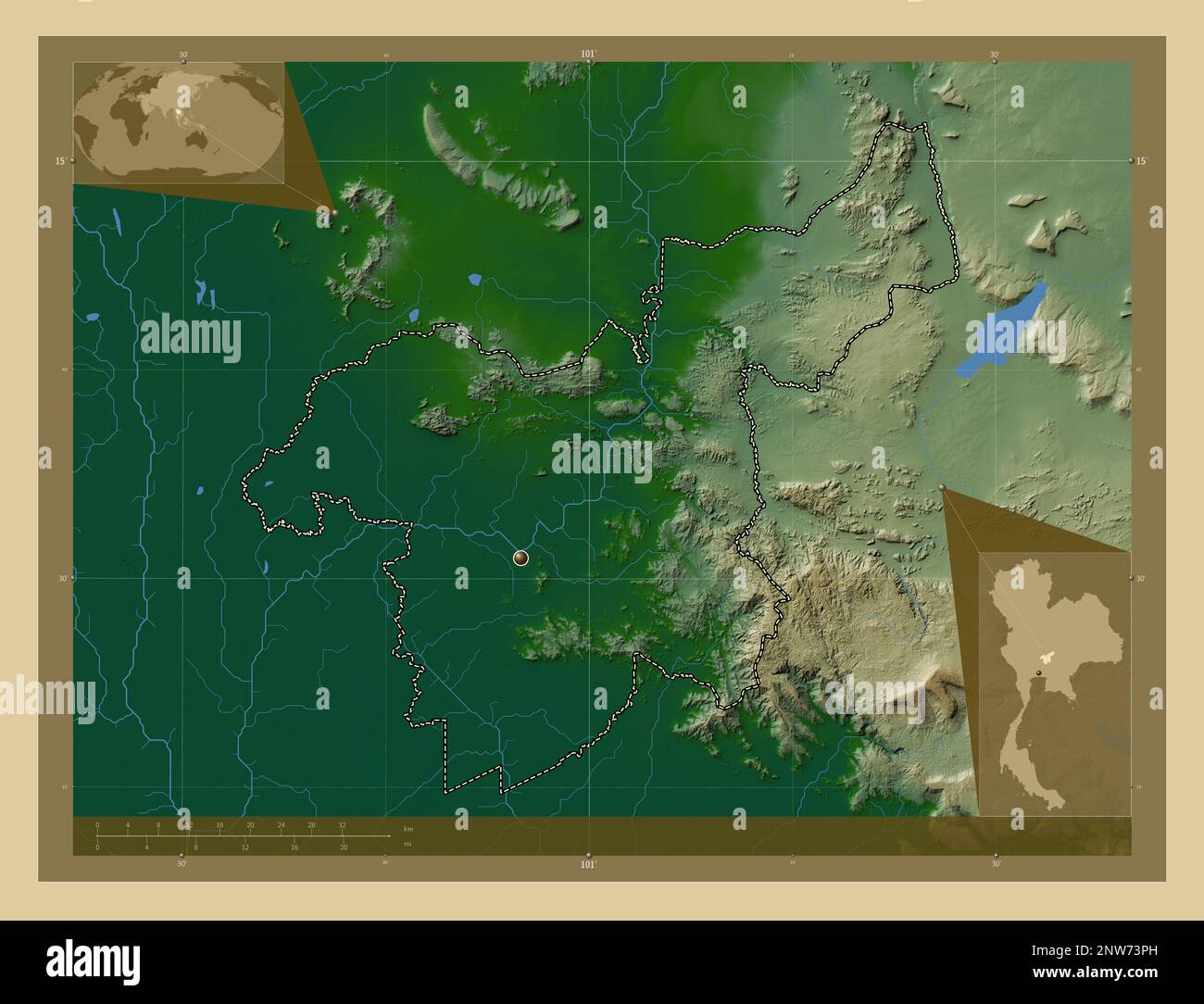 Saraburi, province of Thailand. Colored elevation map with lakes and ...