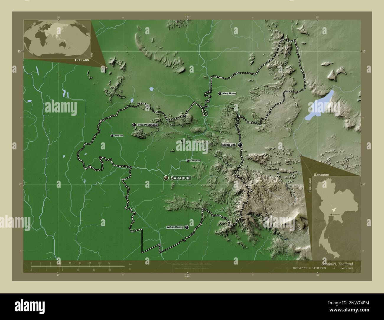 Saraburi, province of Thailand. Elevation map colored in wiki style ...