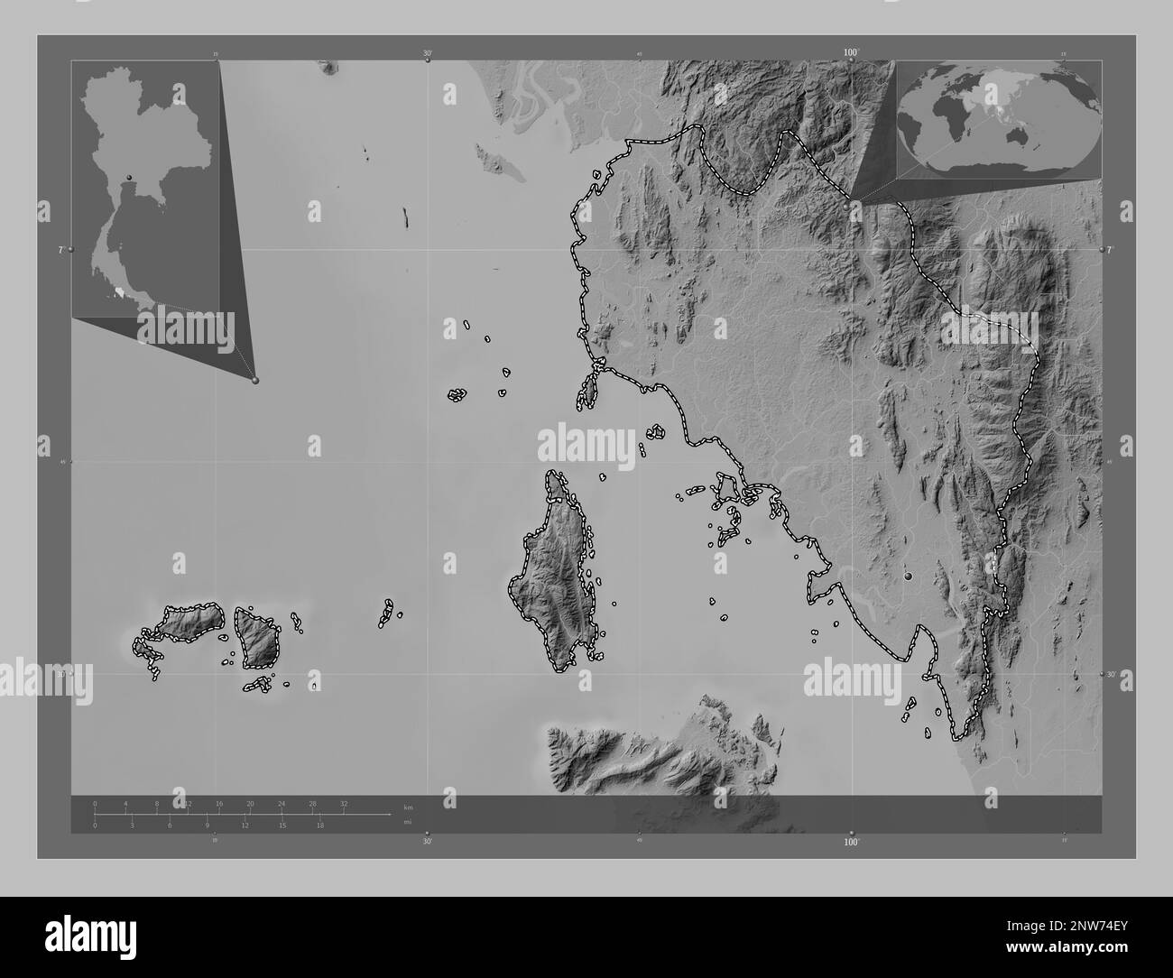 Satun, province of Thailand. Grayscale elevation map with lakes and ...