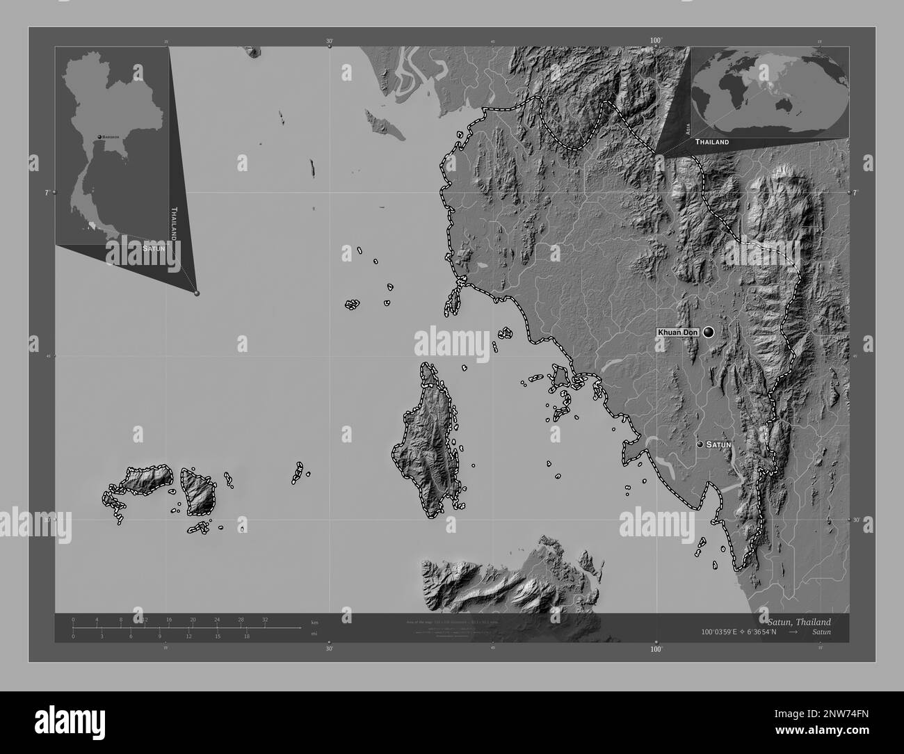 Satun, province of Thailand. Bilevel elevation map with lakes and ...