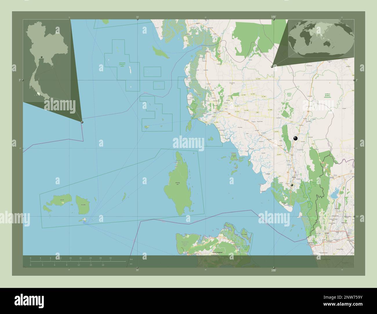 Satun, province of Thailand. Open Street Map. Locations of major cities ...