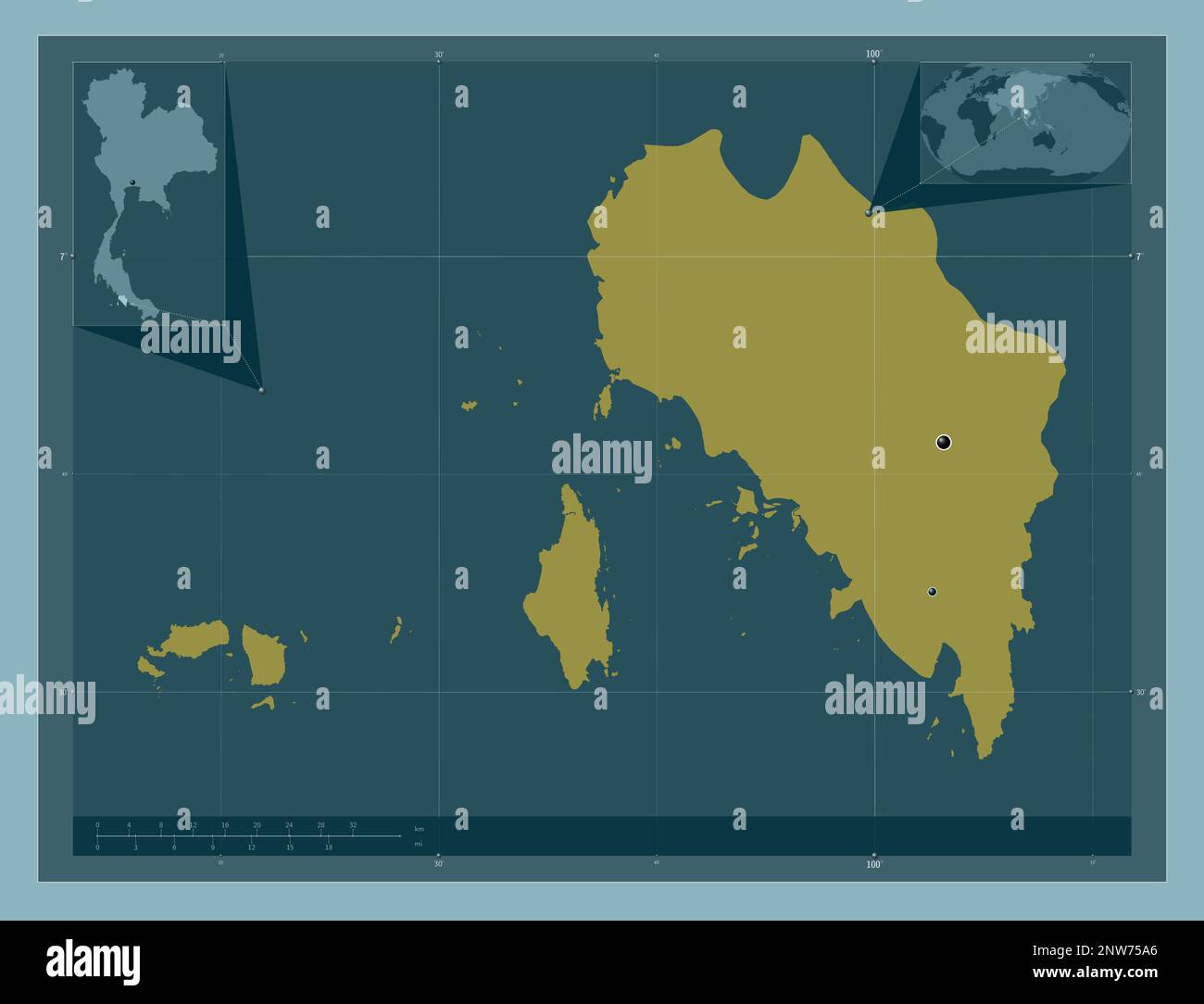 Satun, province of Thailand. Solid color shape. Locations of major ...