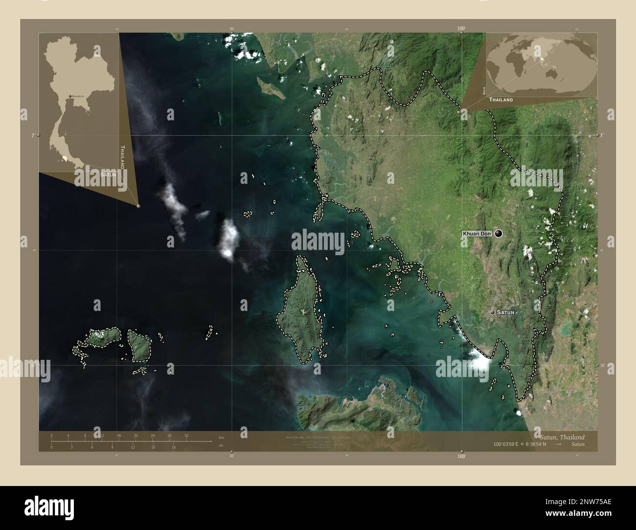 Satun, province of Thailand. High resolution satellite map. Locations ...