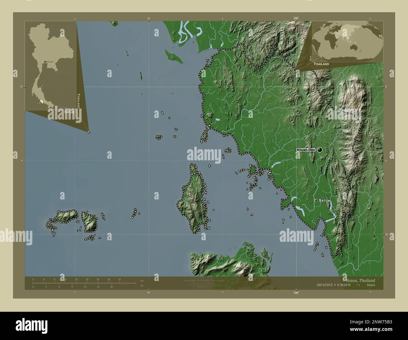 Satun, province of Thailand. Elevation map colored in wiki style with ...