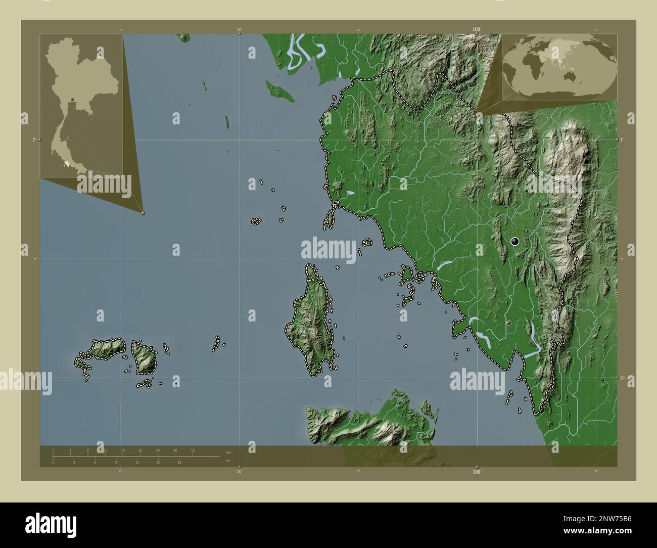Satun, province of Thailand. Elevation map colored in wiki style with ...
