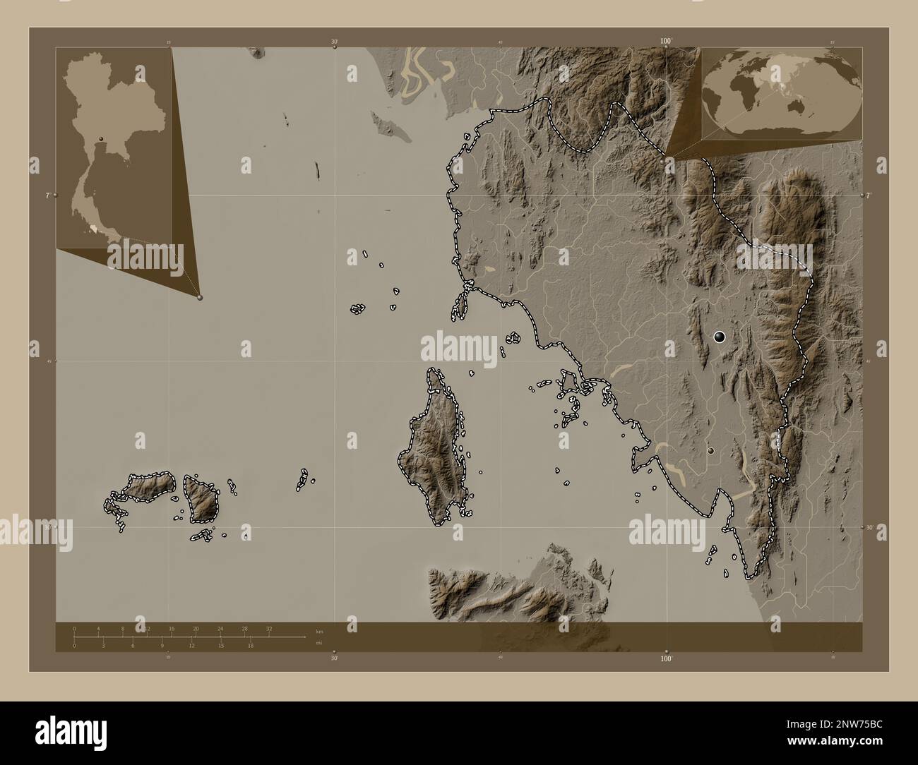 Satun, province of Thailand. Elevation map colored in sepia tones with ...
