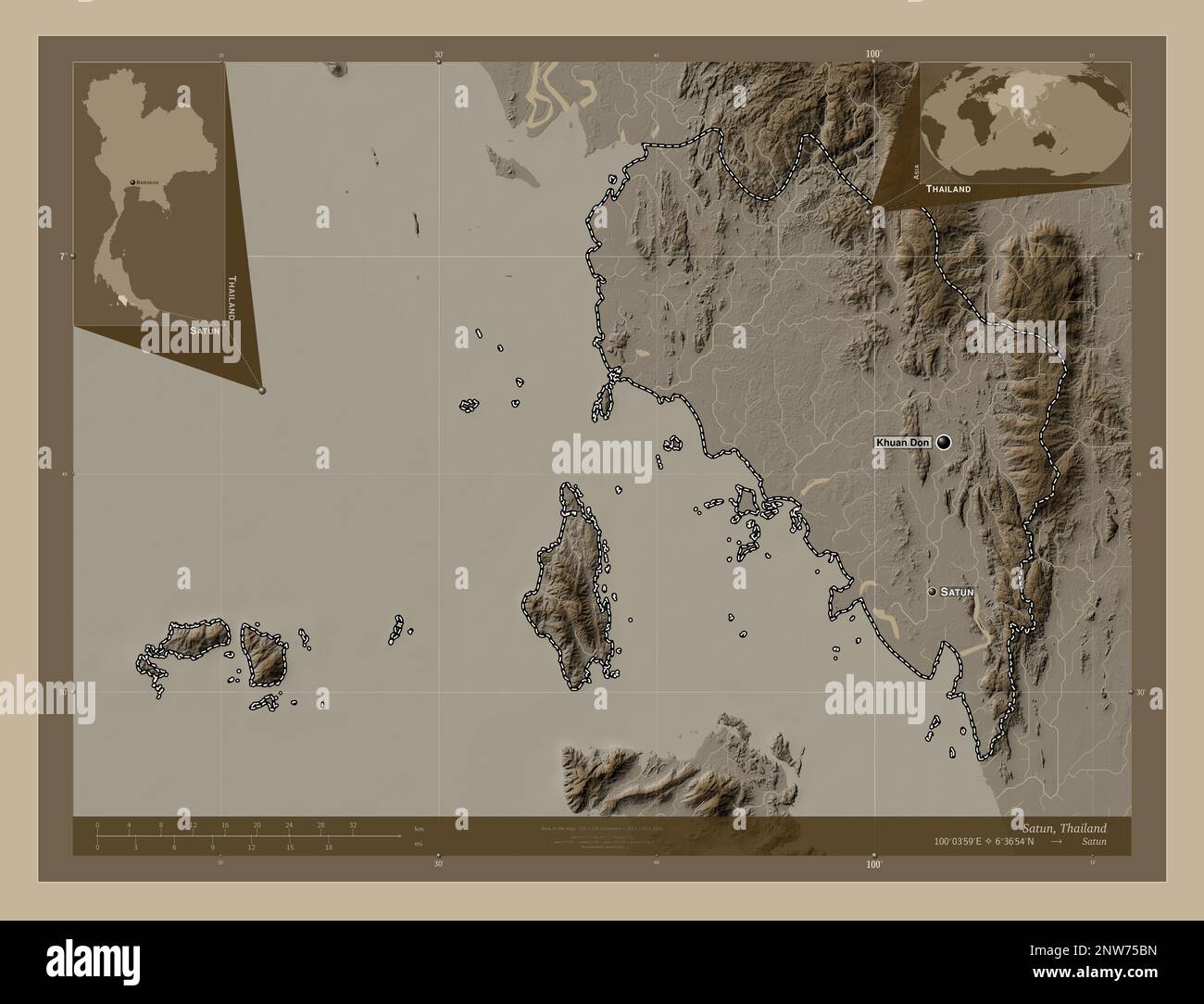 Satun, province of Thailand. Elevation map colored in sepia tones with ...