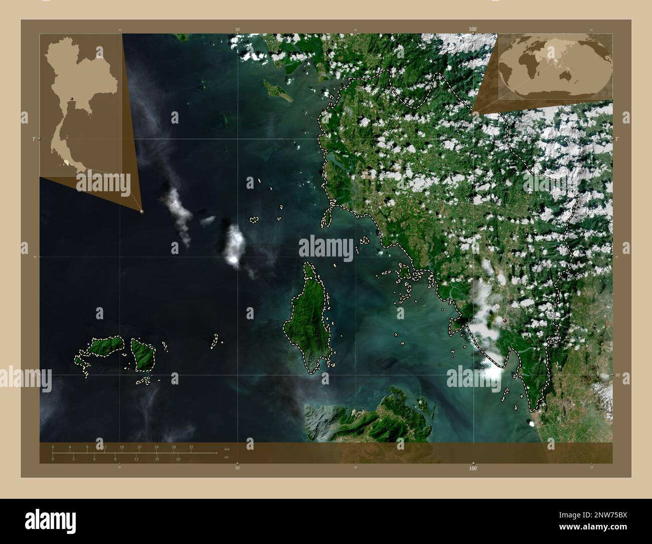 Satun, province of Thailand. Low resolution satellite map. Corner ...