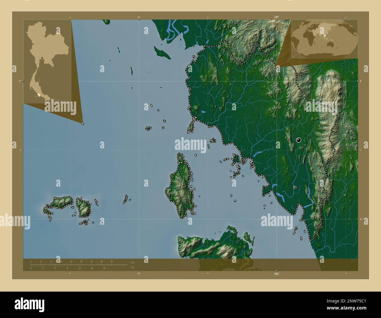 Satun, province of Thailand. Colored elevation map with lakes and ...