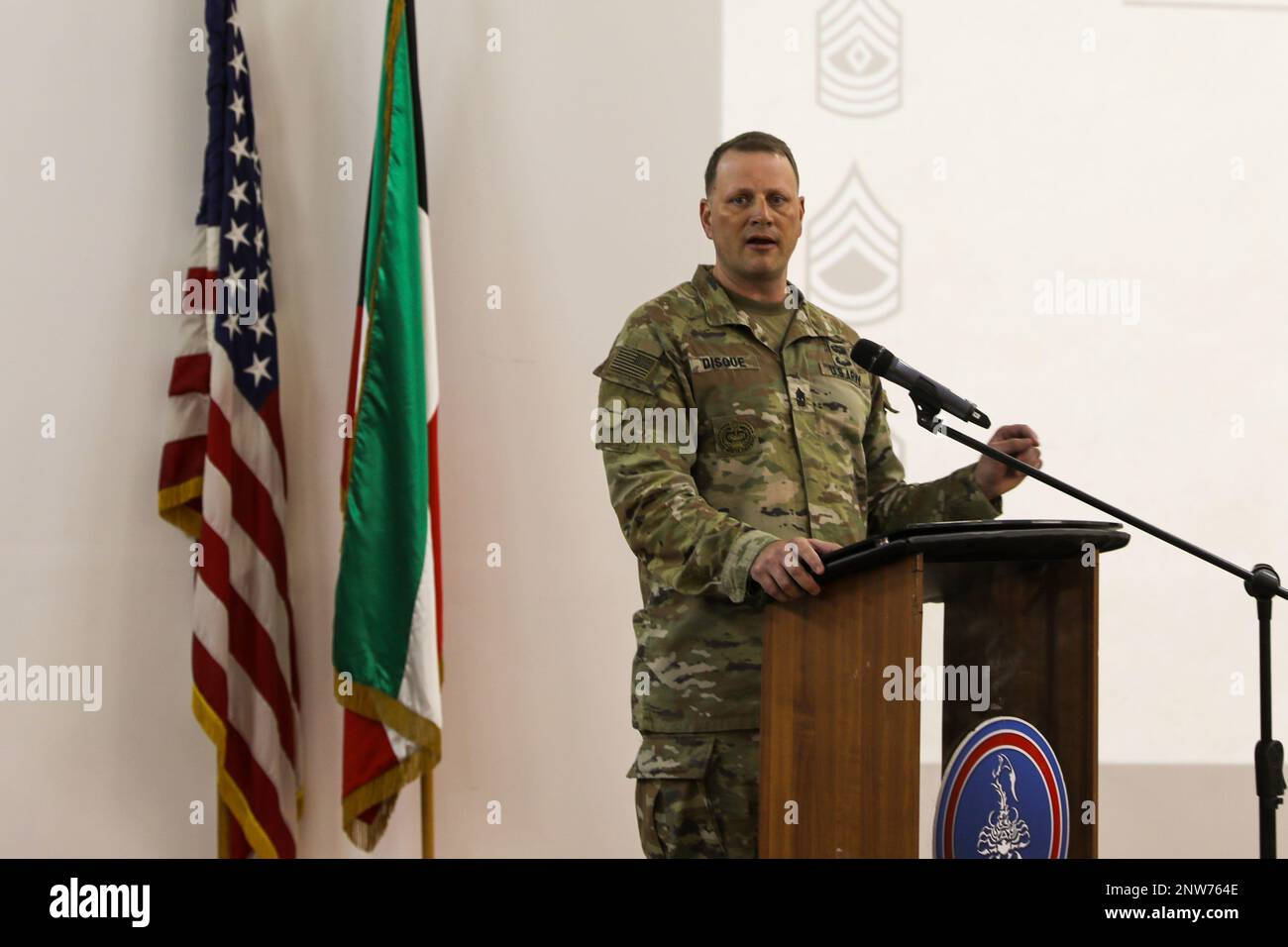 U.S. Army Sgt. Maj. Brian Disque, sergeant major for USARCENT, speaks at a Basic Leader Course ...