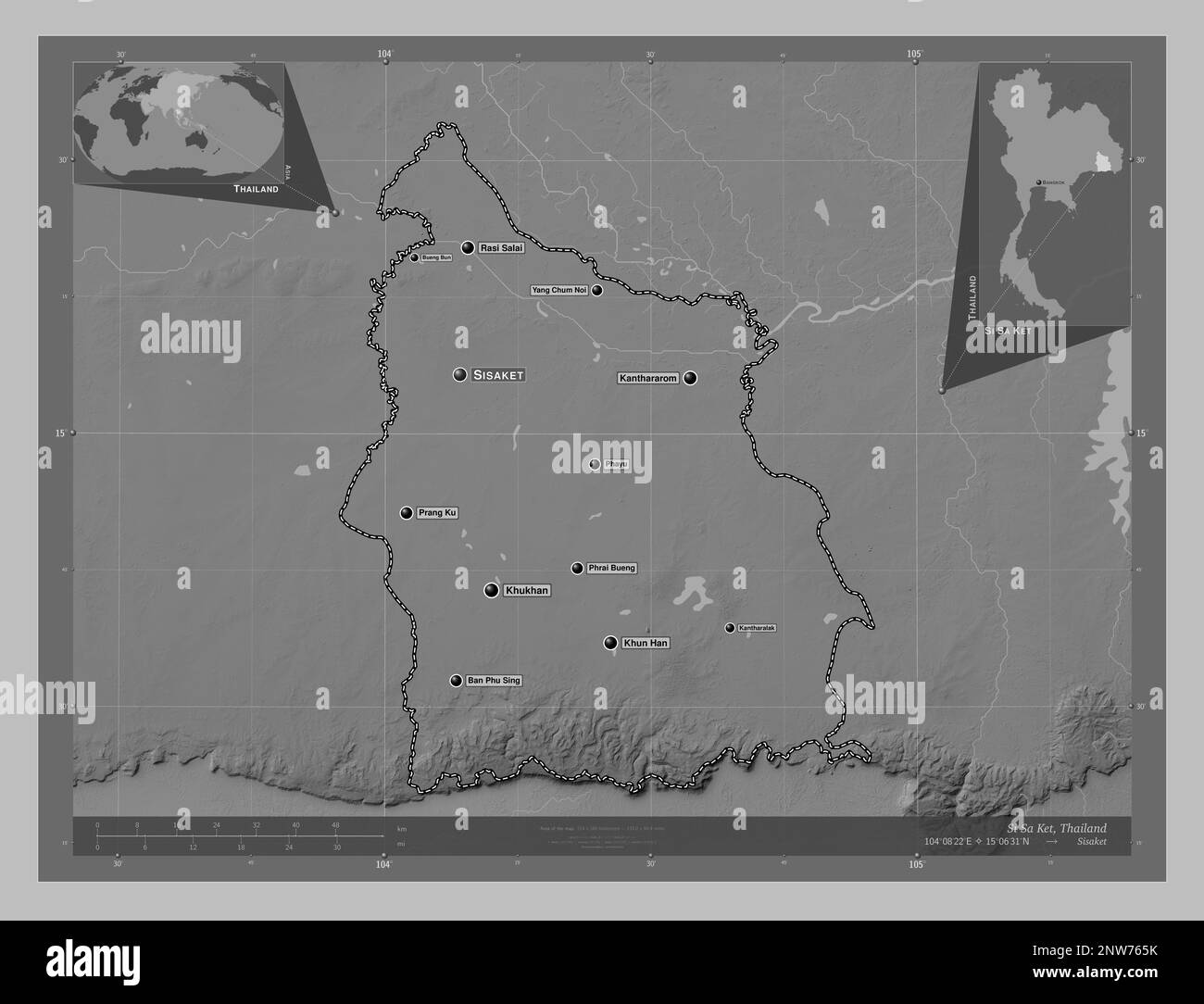 Si Sa Ket, province of Thailand. Grayscale elevation map with lakes and ...
