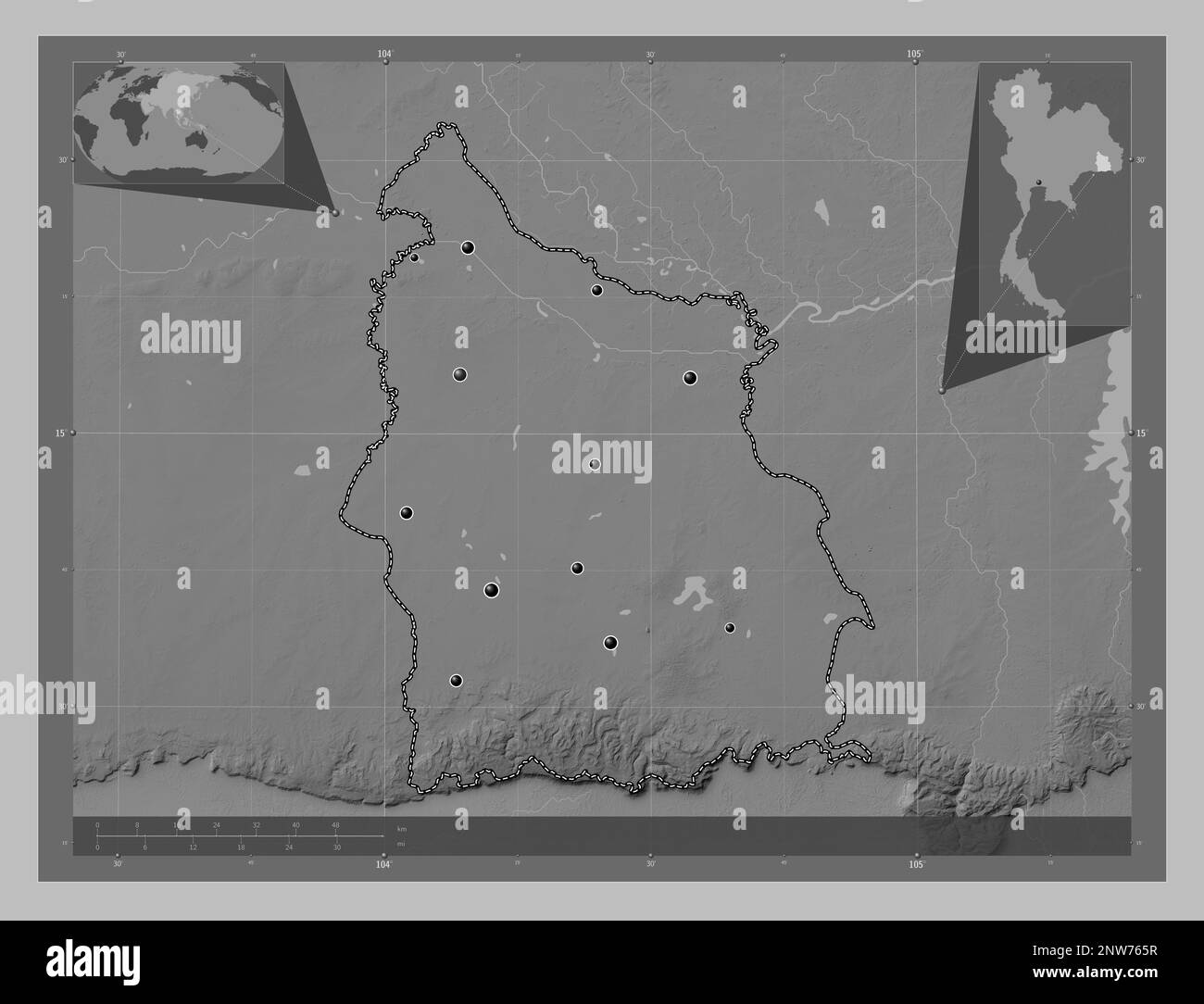 Si Sa Ket, province of Thailand. Grayscale elevation map with lakes and ...