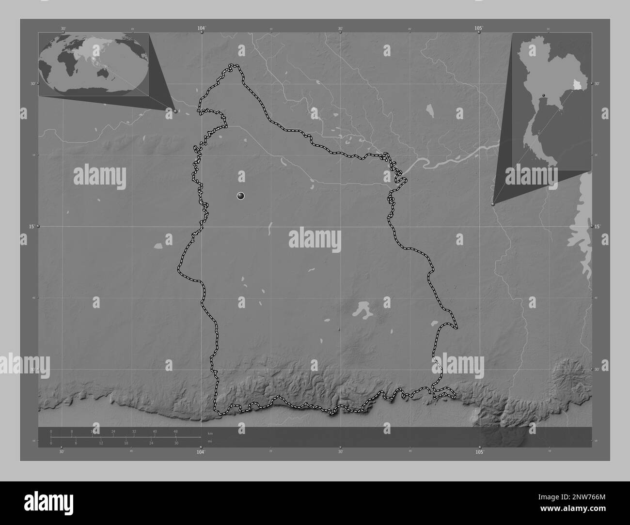 Si Sa Ket, province of Thailand. Grayscale elevation map with lakes and ...