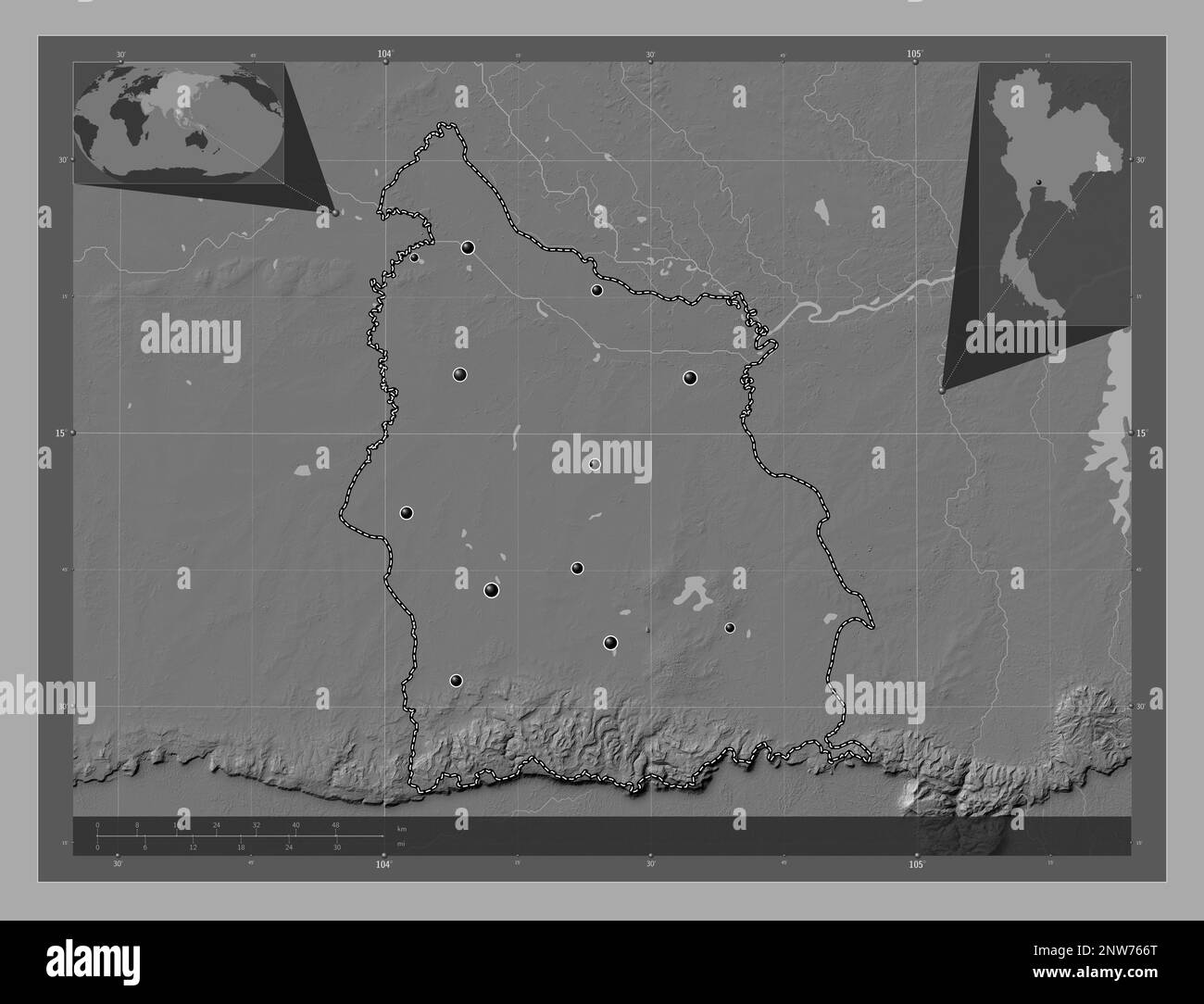 Si Sa Ket, province of Thailand. Bilevel elevation map with lakes and ...
