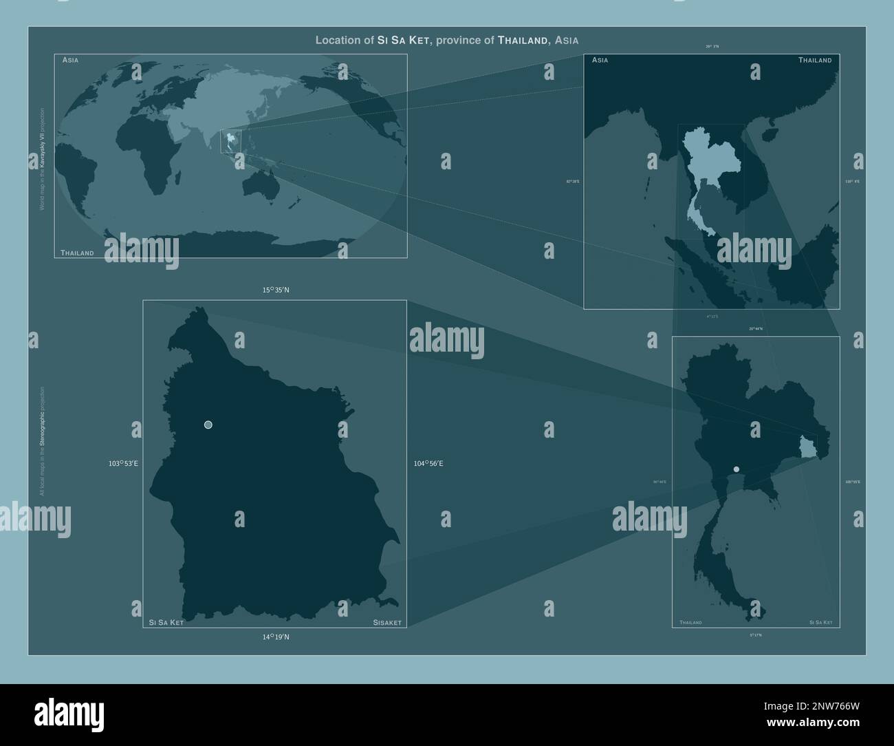 Si Sa Ket, province of Thailand. Diagram showing the location of the region on larger-scale maps ...