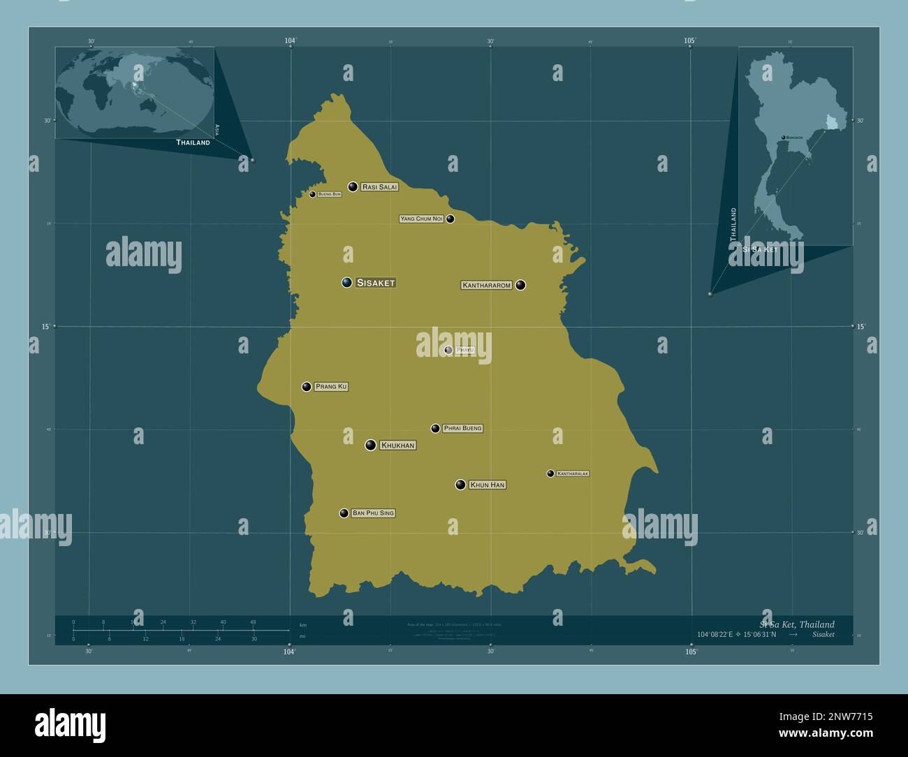 Si Sa Ket, province of Thailand. Solid color shape. Locations and names ...