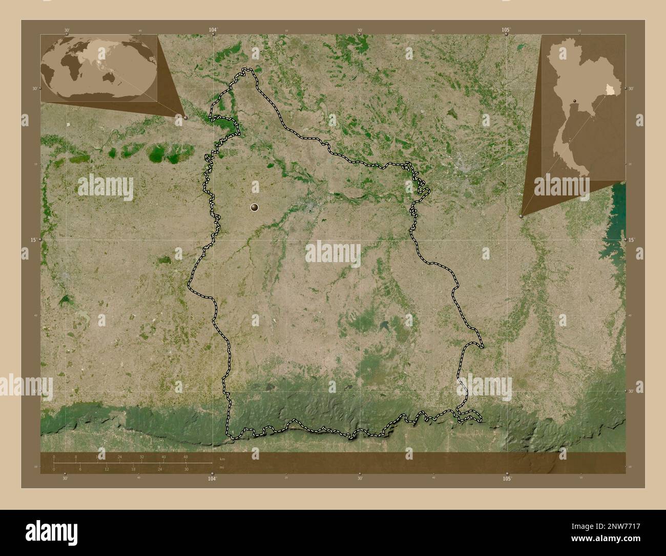 Si Sa Ket, province of Thailand. Low resolution satellite map. Corner auxiliary location maps ...