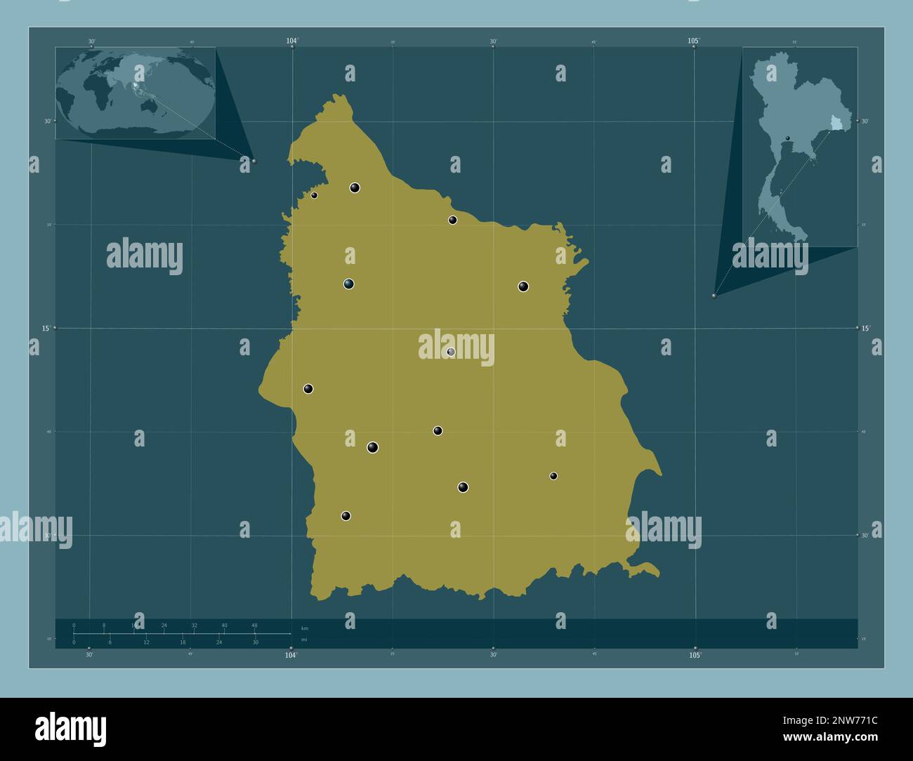 Si Sa Ket, province of Thailand. Solid color shape. Locations of major ...