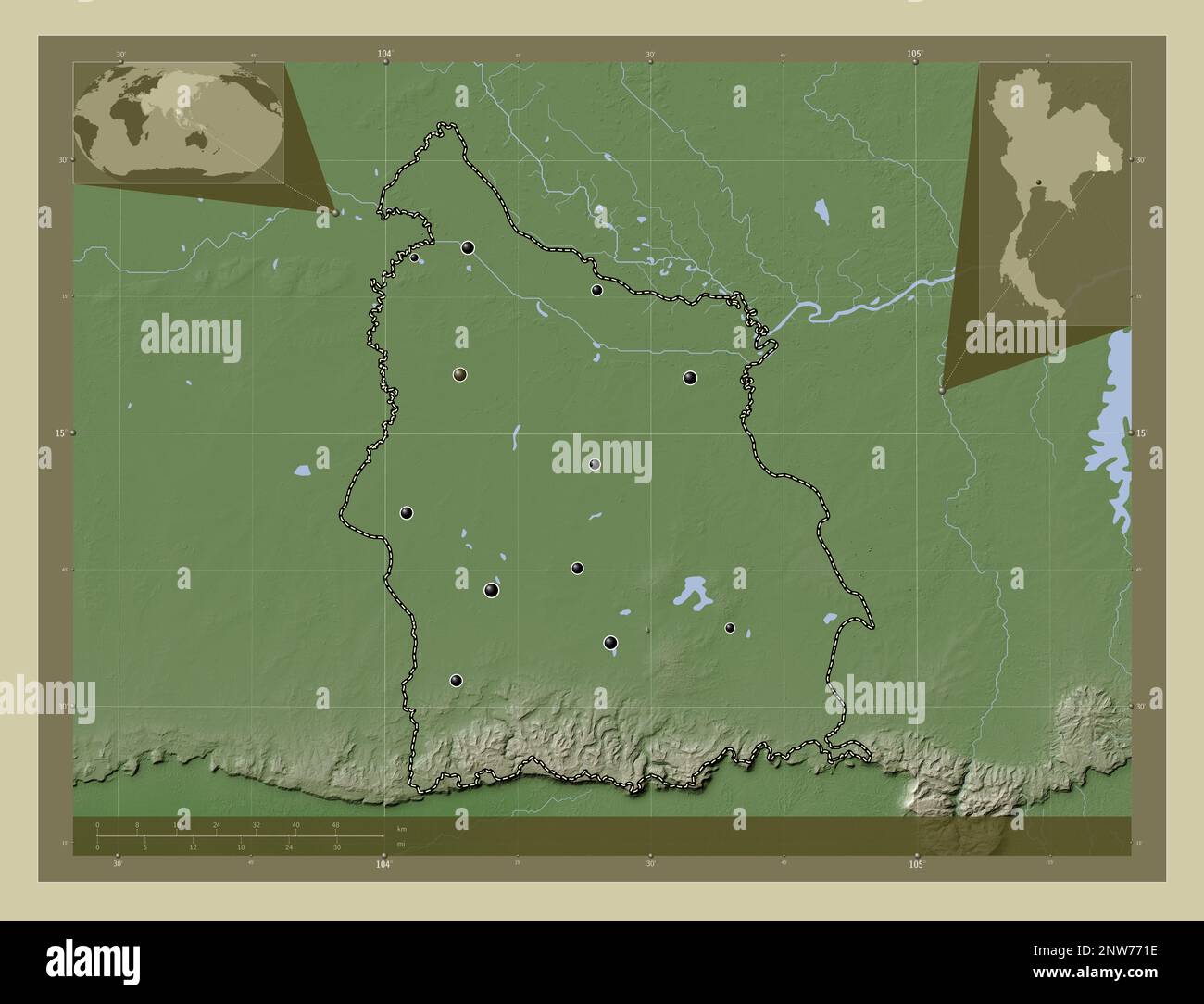 Si Sa Ket, province of Thailand. Elevation map colored in wiki style with lakes and rivers ...