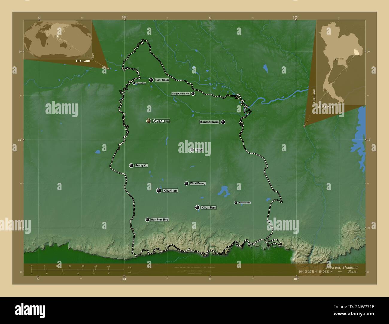 Si Sa Ket, province of Thailand. Colored elevation map with lakes and ...